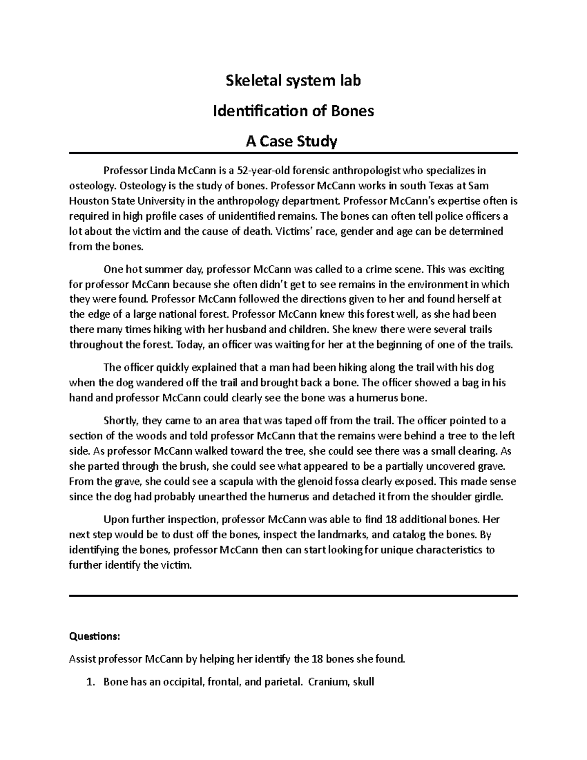 Skeletal system lab (1) - Skeletal system lab Identification of Bones A ...