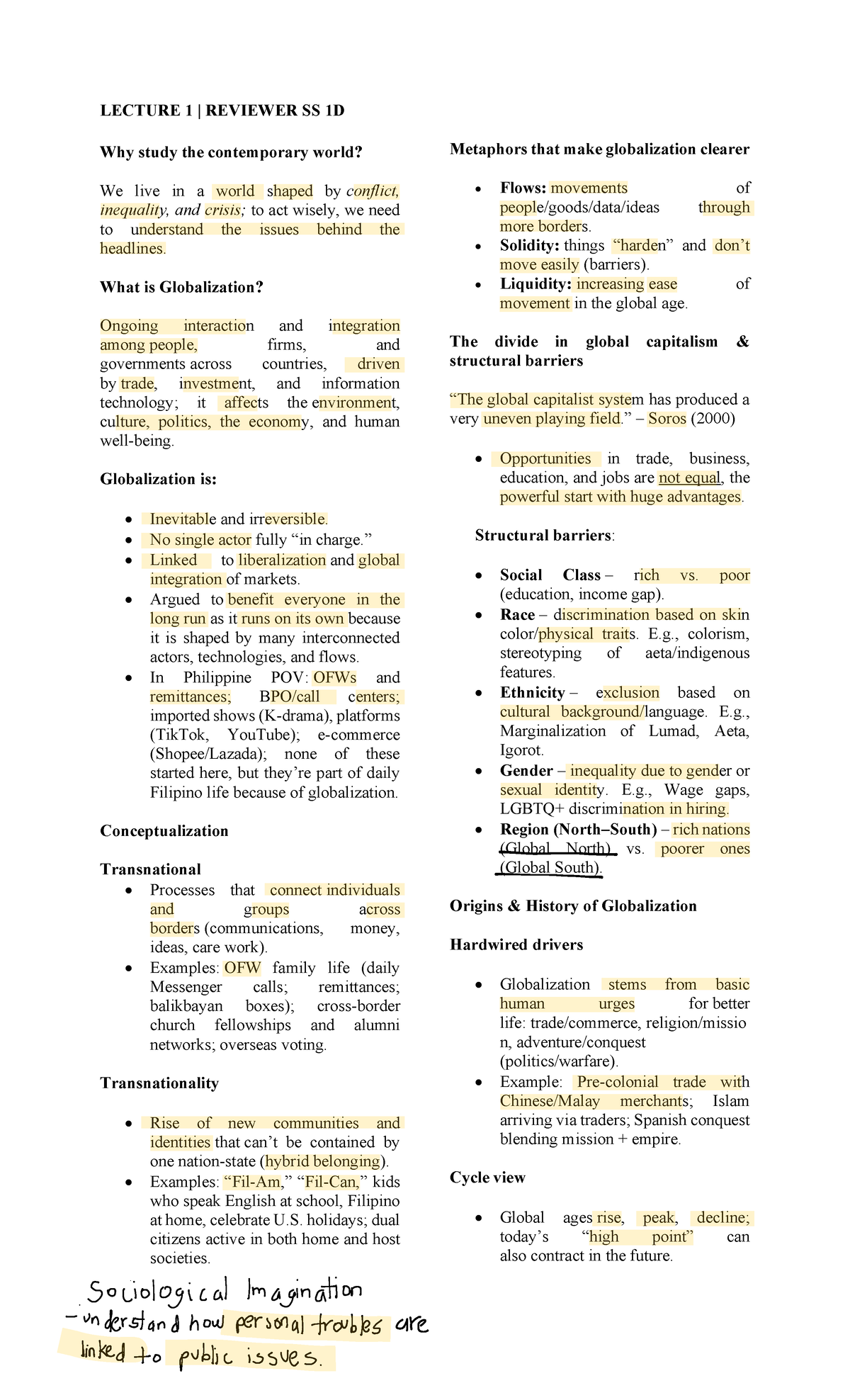 LECTURE 1 REVIEWER SS1D: Understanding Globalization and Its Impacts ...