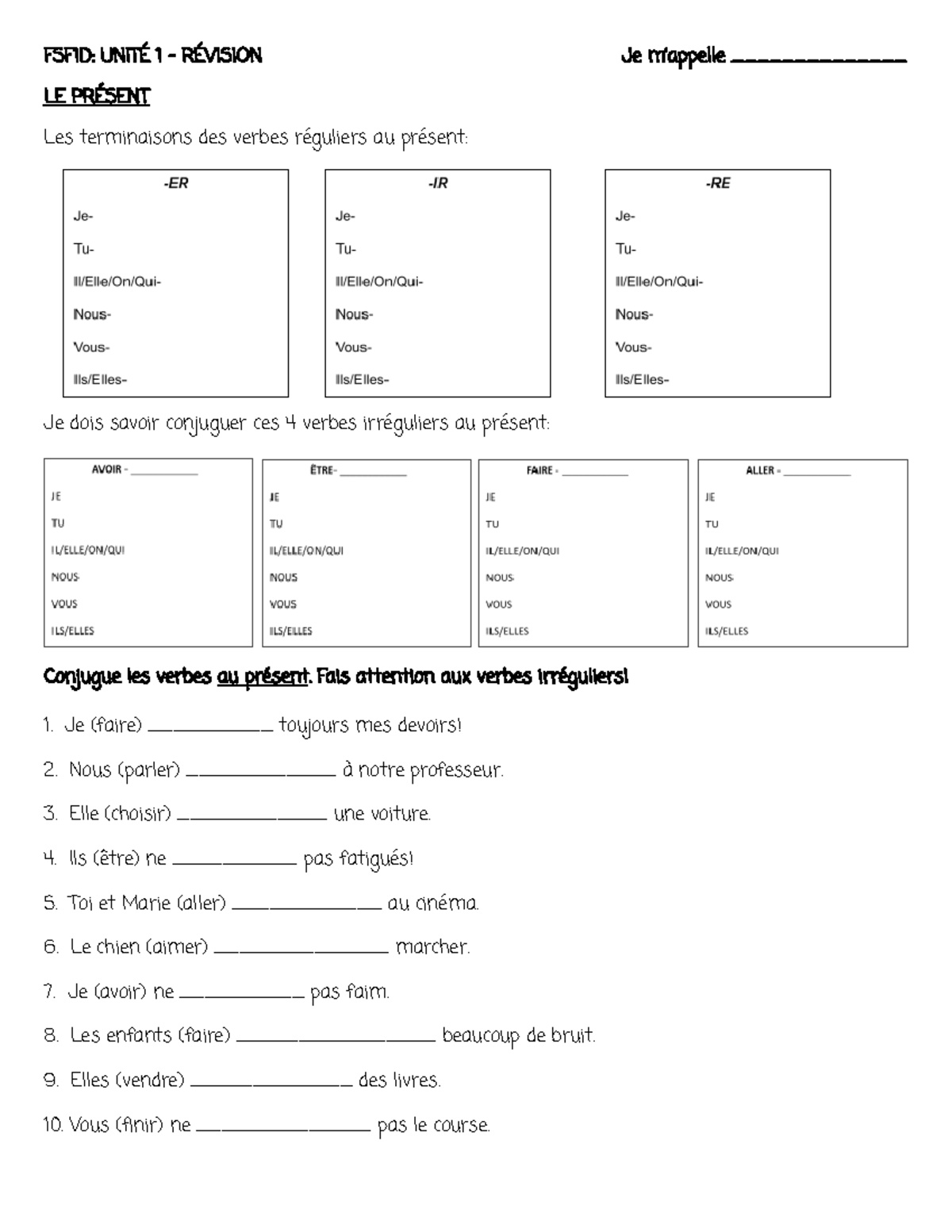 FSF1D: UNITÉ 1 - PRATIQUE DE GRAMMAIRE ET RÉVISION - Studocu
