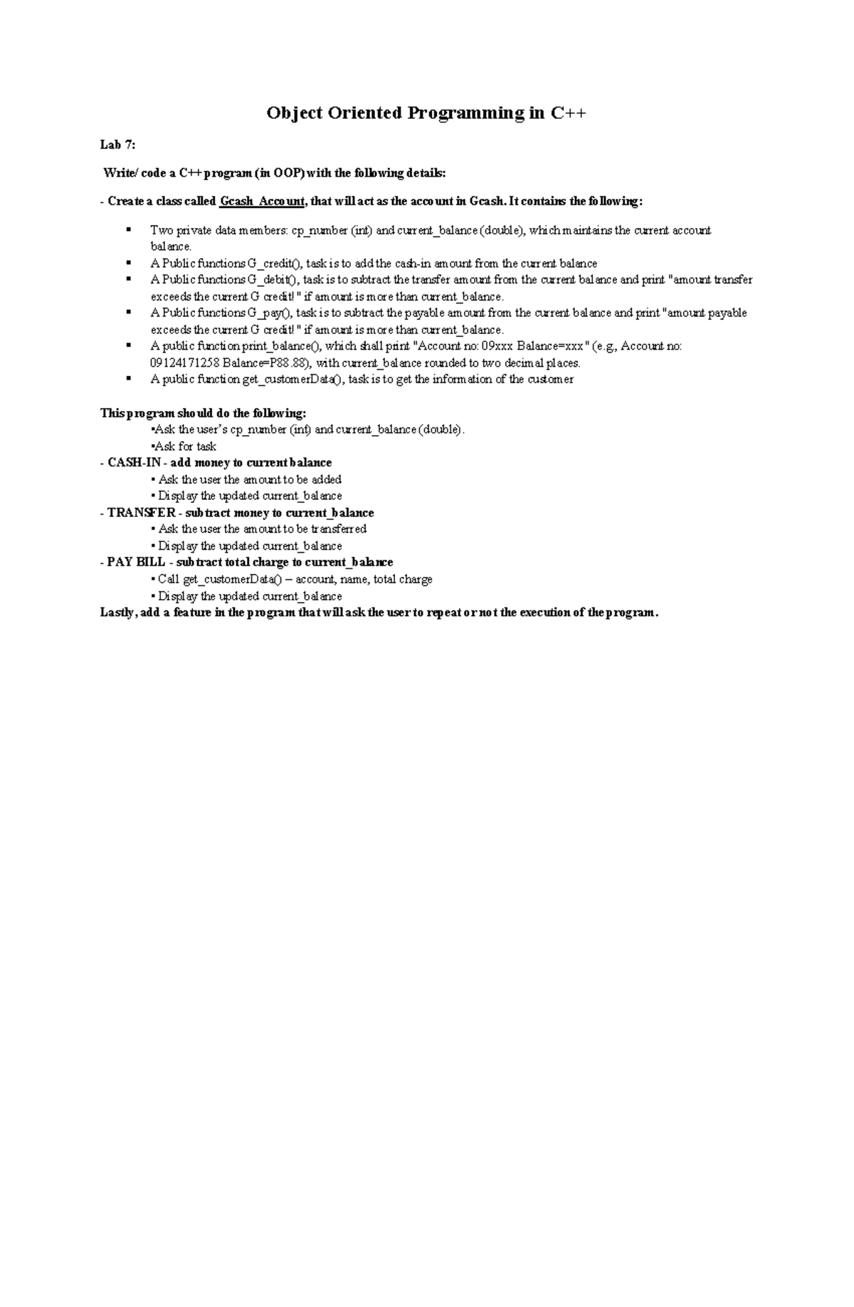 LAB#7 OOP C++ - Object Oriented Programming In C++ - Object Oriented Programming in C++ Lab 7 ...