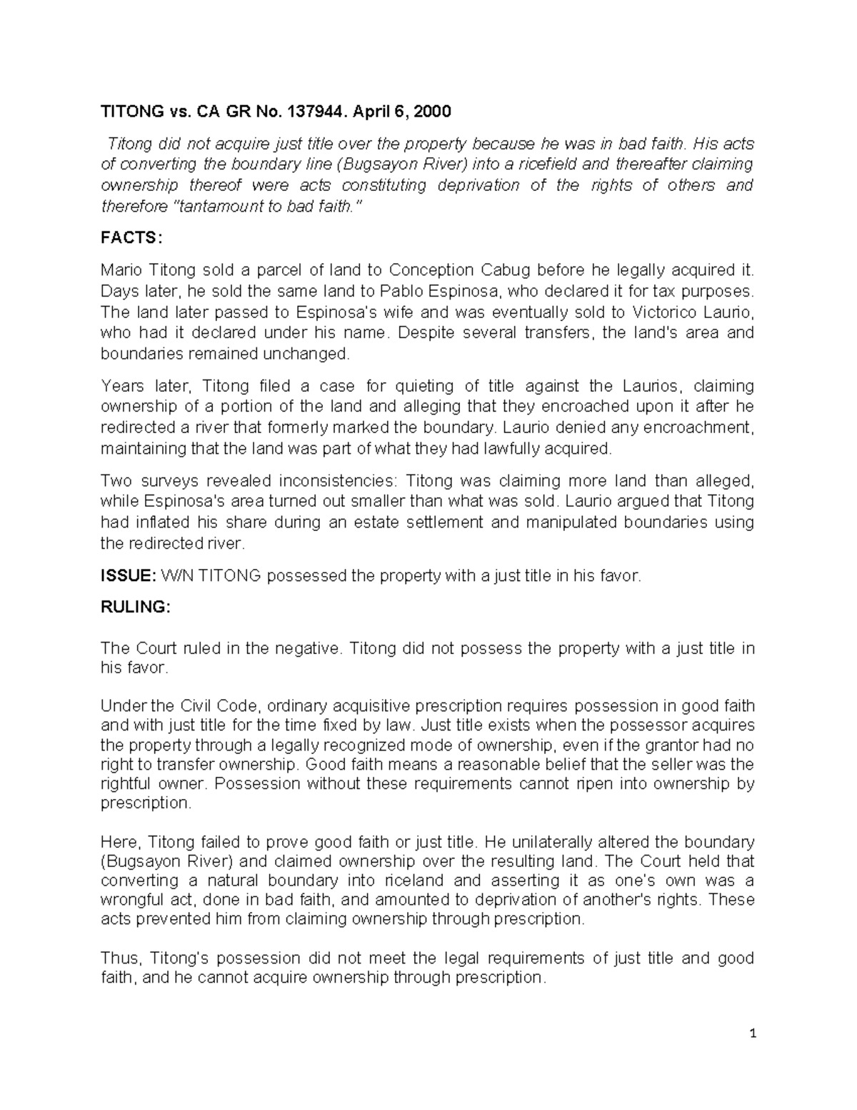 Property Law Case Summaries: Batch 4 (GR Nos. 137944, 131803, 109840 ...