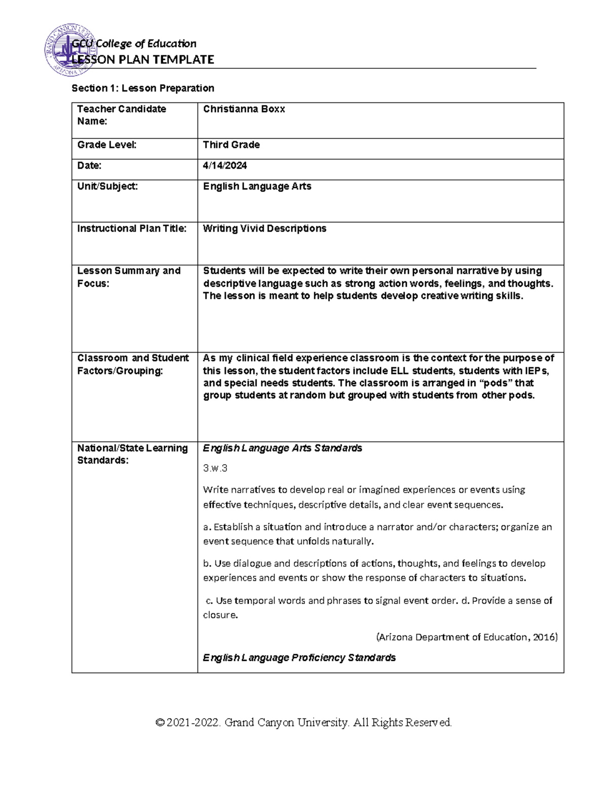 ESL-440N Lesson Plan: Writing Vivid Descriptions for ELLs - Studocu