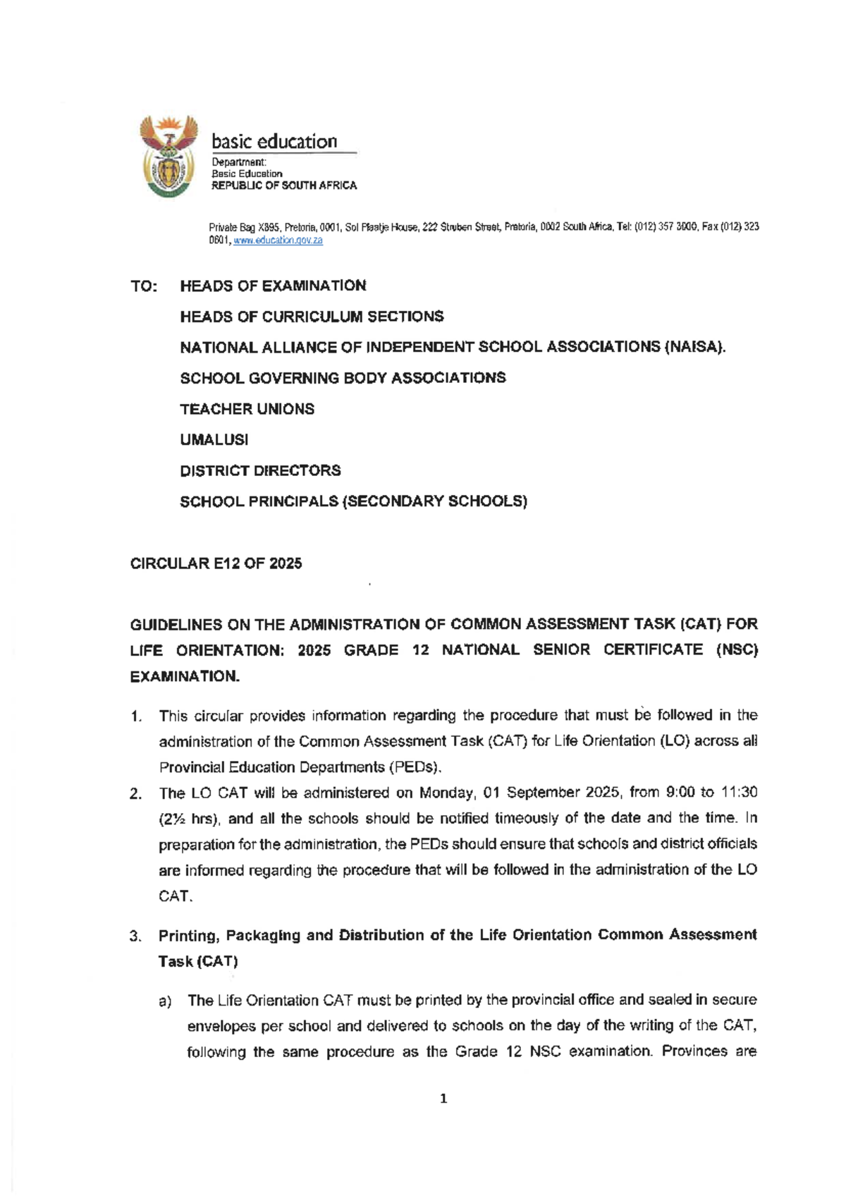 Circular E12 of 2025: Guidelines for Life Orientation CAT Gr 12 NSC Exam - Studocu