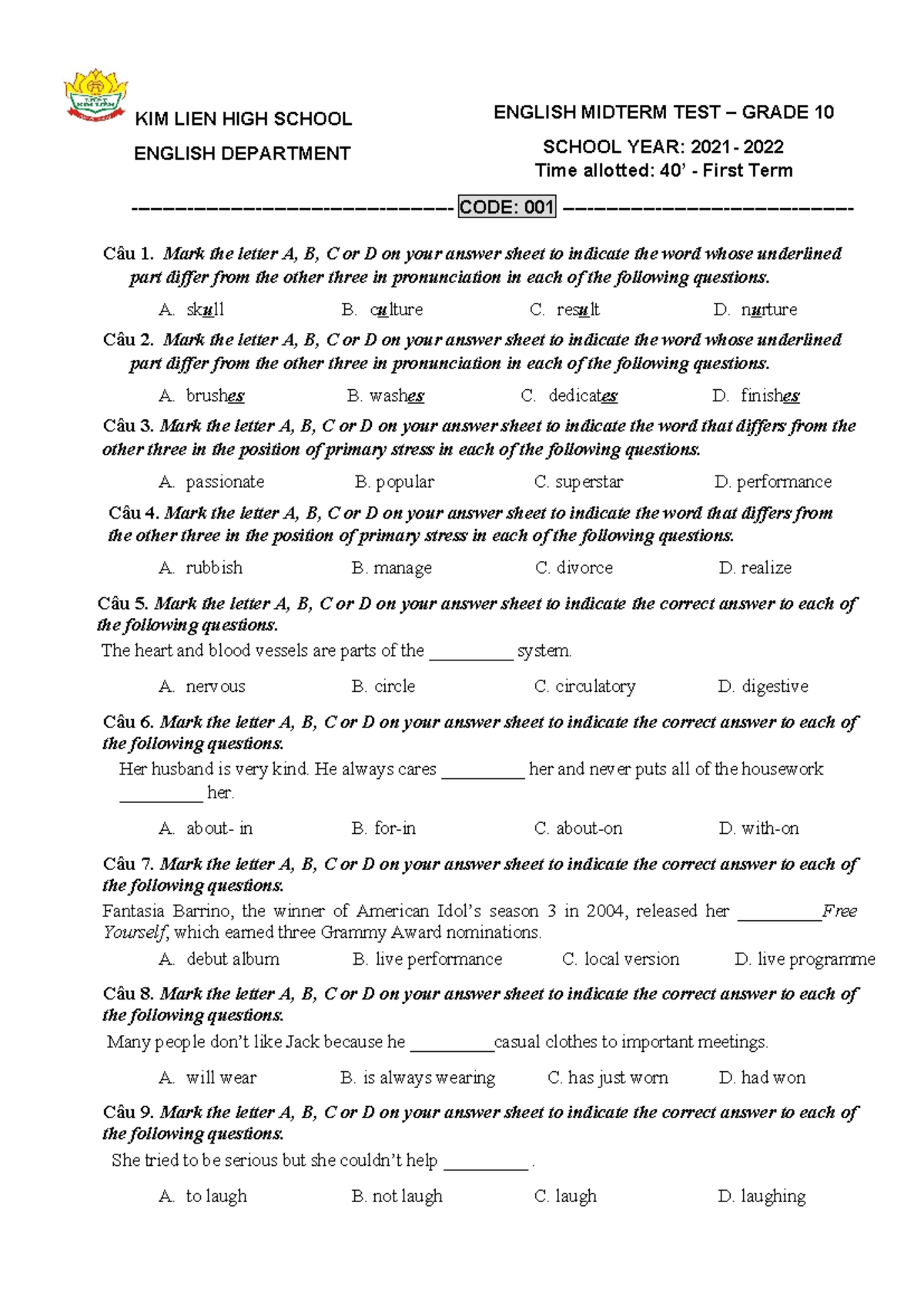 G10 English Midterm Test 001 - Sample Questions & Answers - Studocu