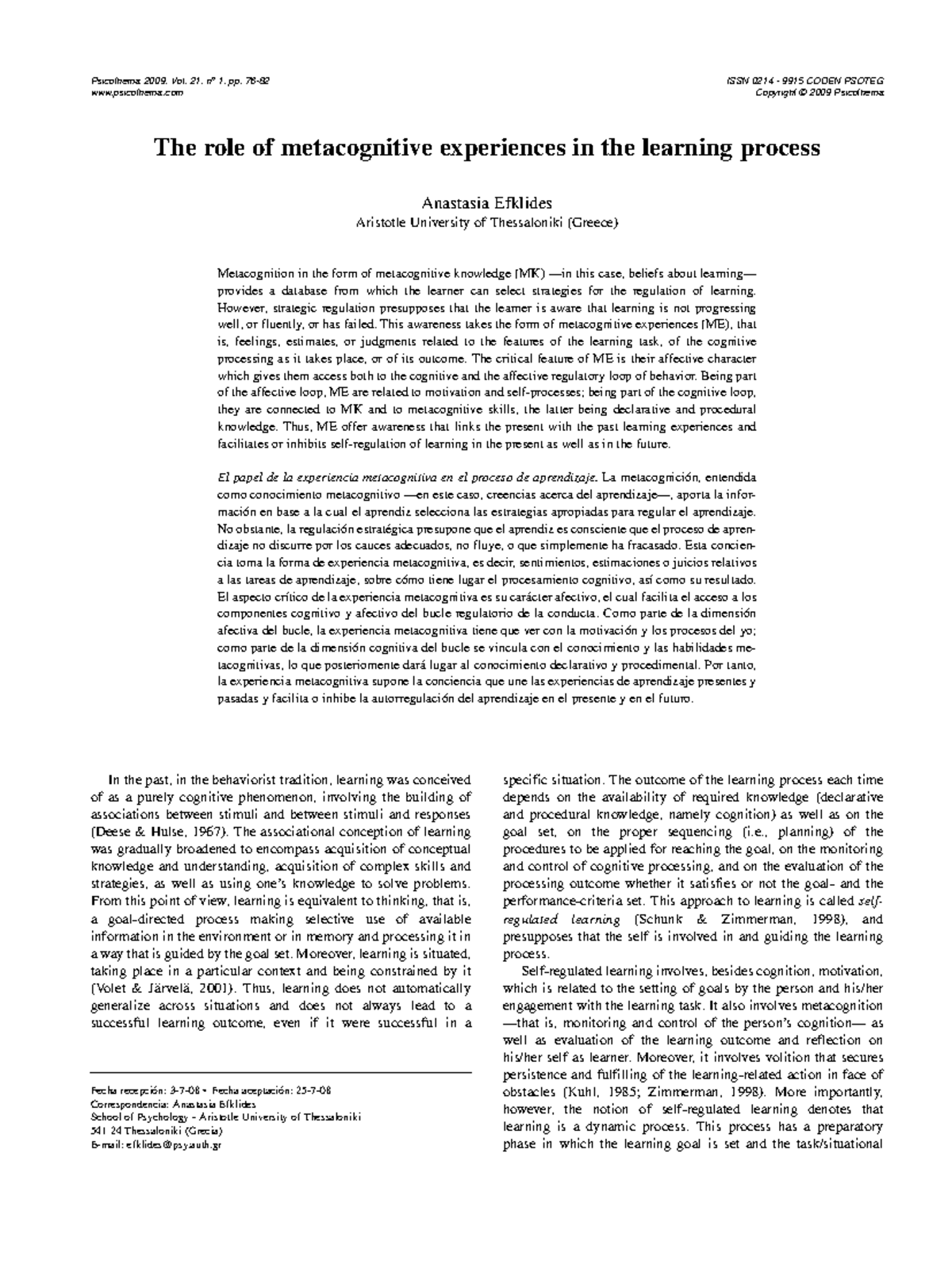 Metacognitive Experiences in Learning: Insights from Efklides (2009 ...