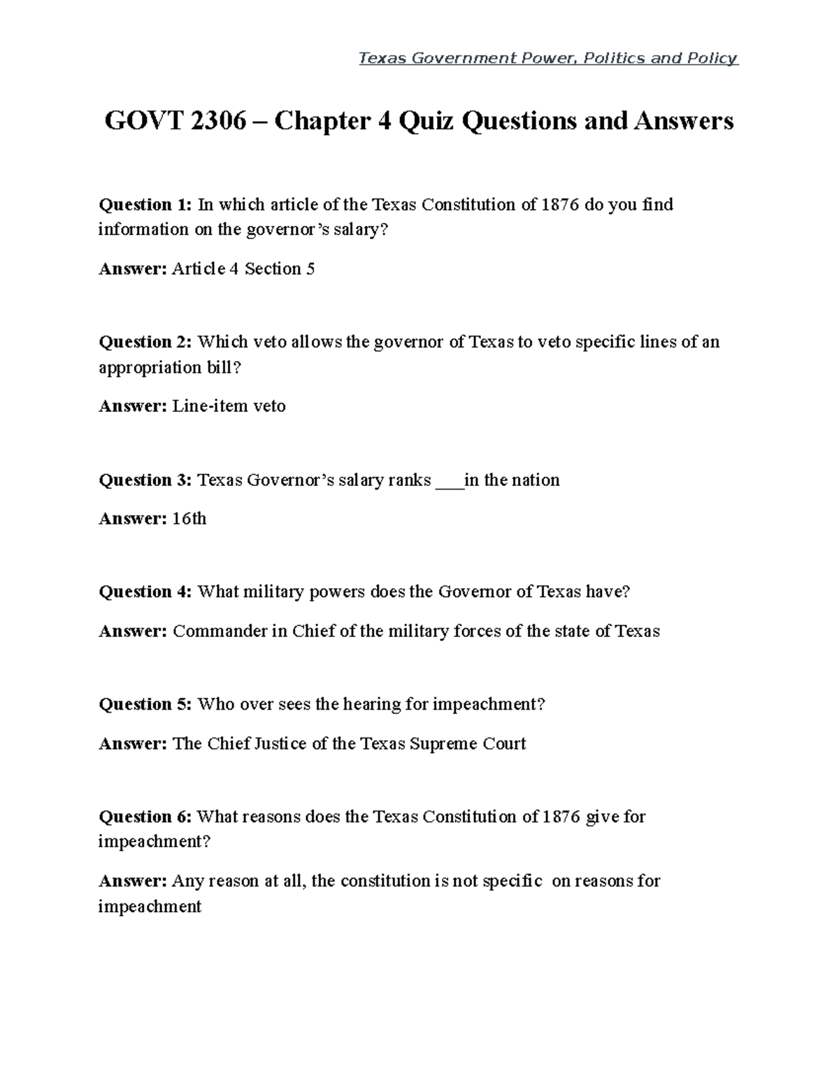GOVT-2306 Chapter 4 Quiz: Key Questions and Answers Overview - Studocu