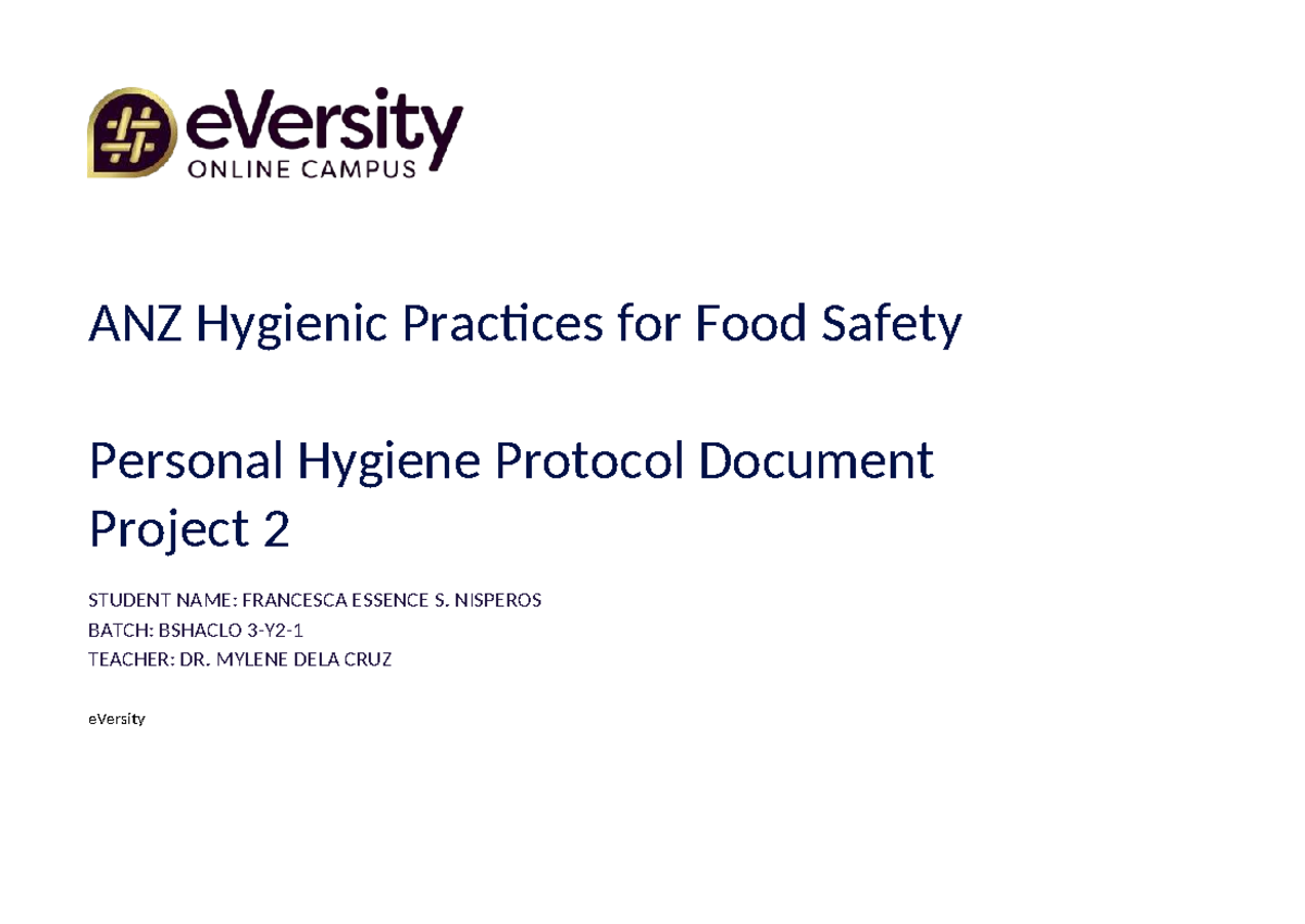 BS HACLO Project 2: Personal Hygiene Protocol for Food Safety - Studocu