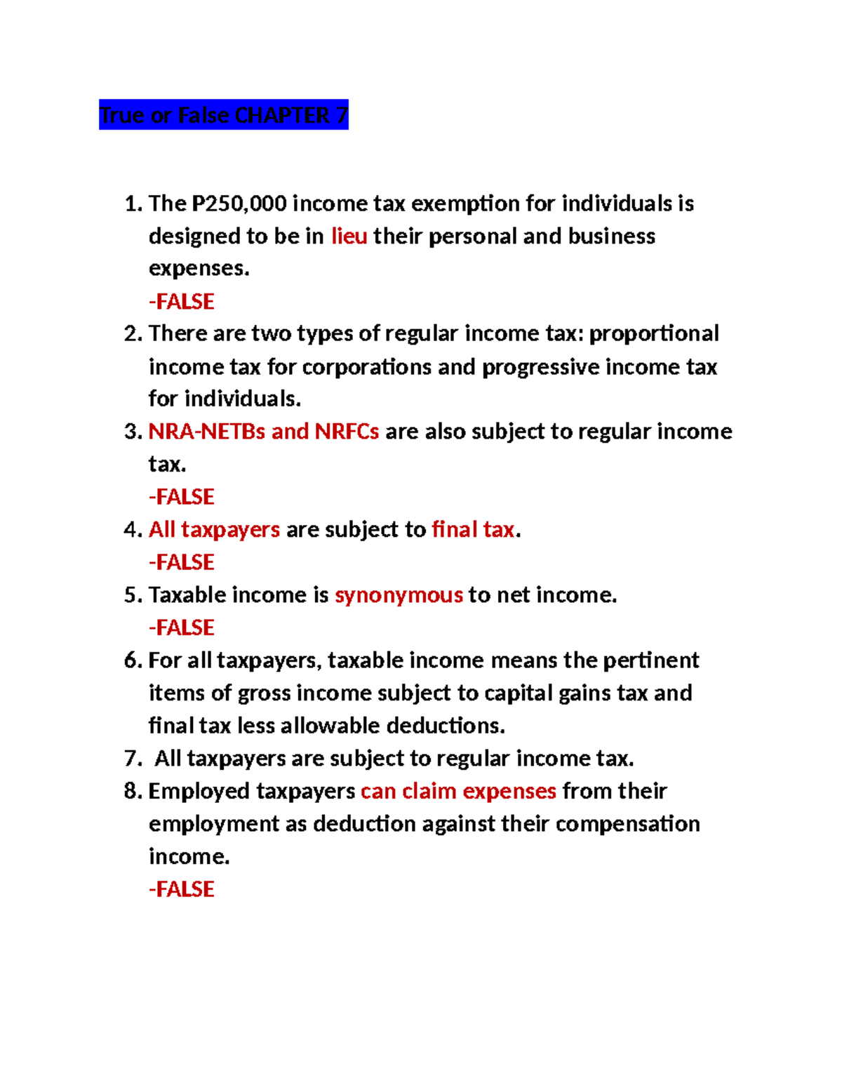 True or False: Income Taxation Chapter 7 TF-intax Study Guide - Studocu
