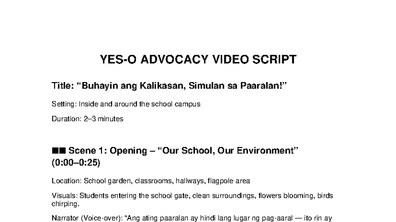 YES-O Advocacy Video Script: Kalikasan, Simulan sa Ating Paaralan - Studocu