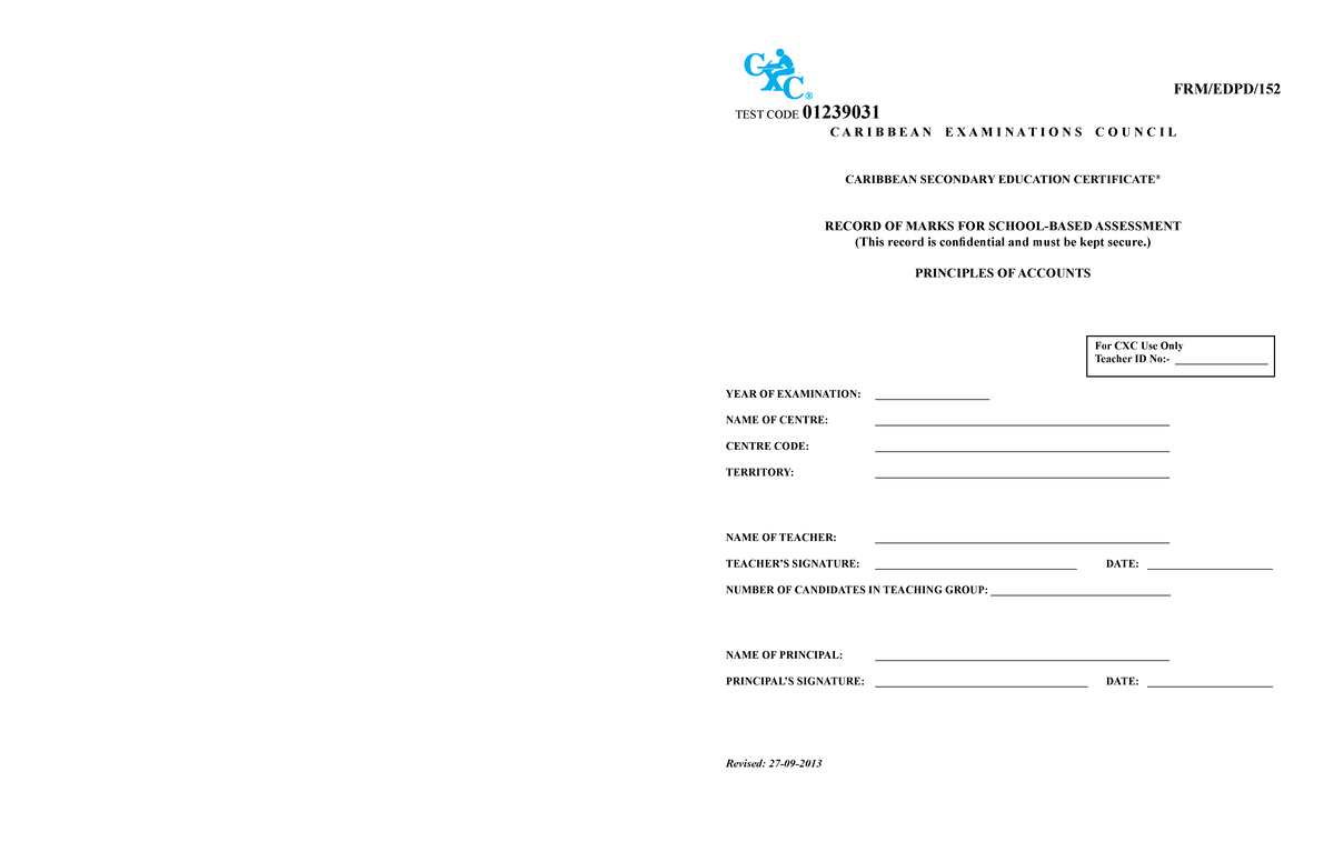 Record of Marks for POA Assessment - CXC 01239031 - Studocu