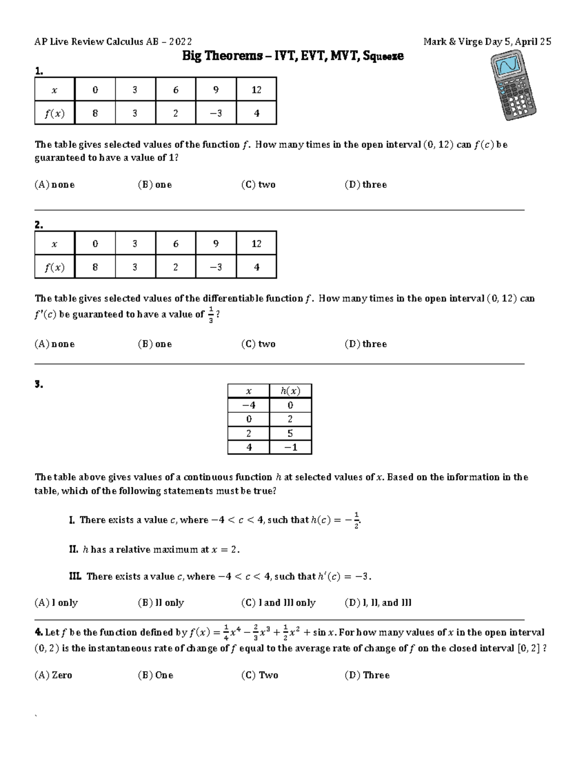 AP Calculus AB Review - Day 5: Exploring Big Theorems (IVT, EVT, MVT ...
