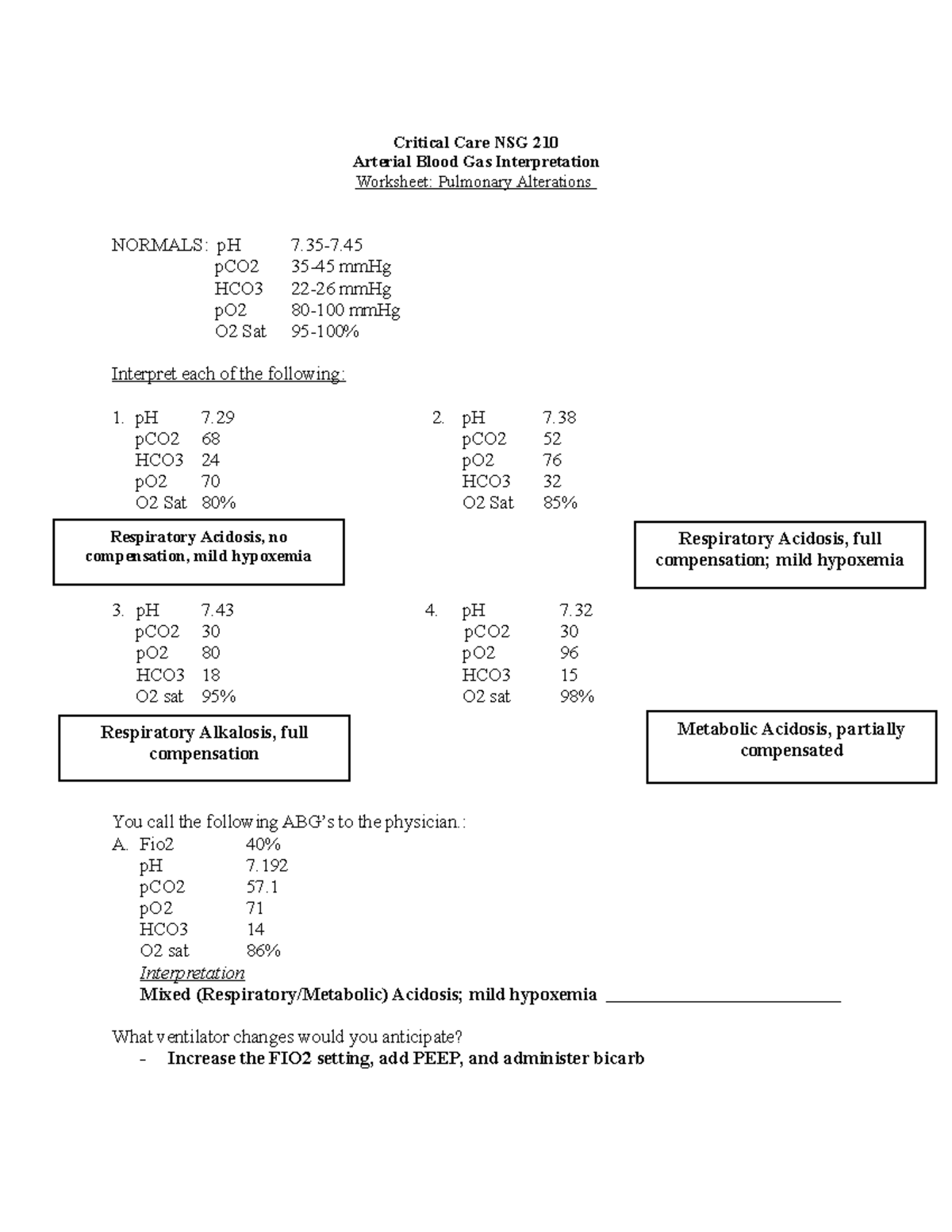 ABG Worksheet - Critical Care NSG 210 Arterial Blood Gas Interpretation ...
