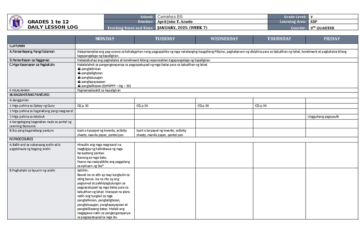DLL ESP 5 Q3 W7 - Filipino - GRADES 1 to 12 DAILY LESSON LOG School ...