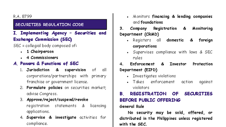 SRC - SECURITIES REGULATION CODE STUDY NOTES - Studocu