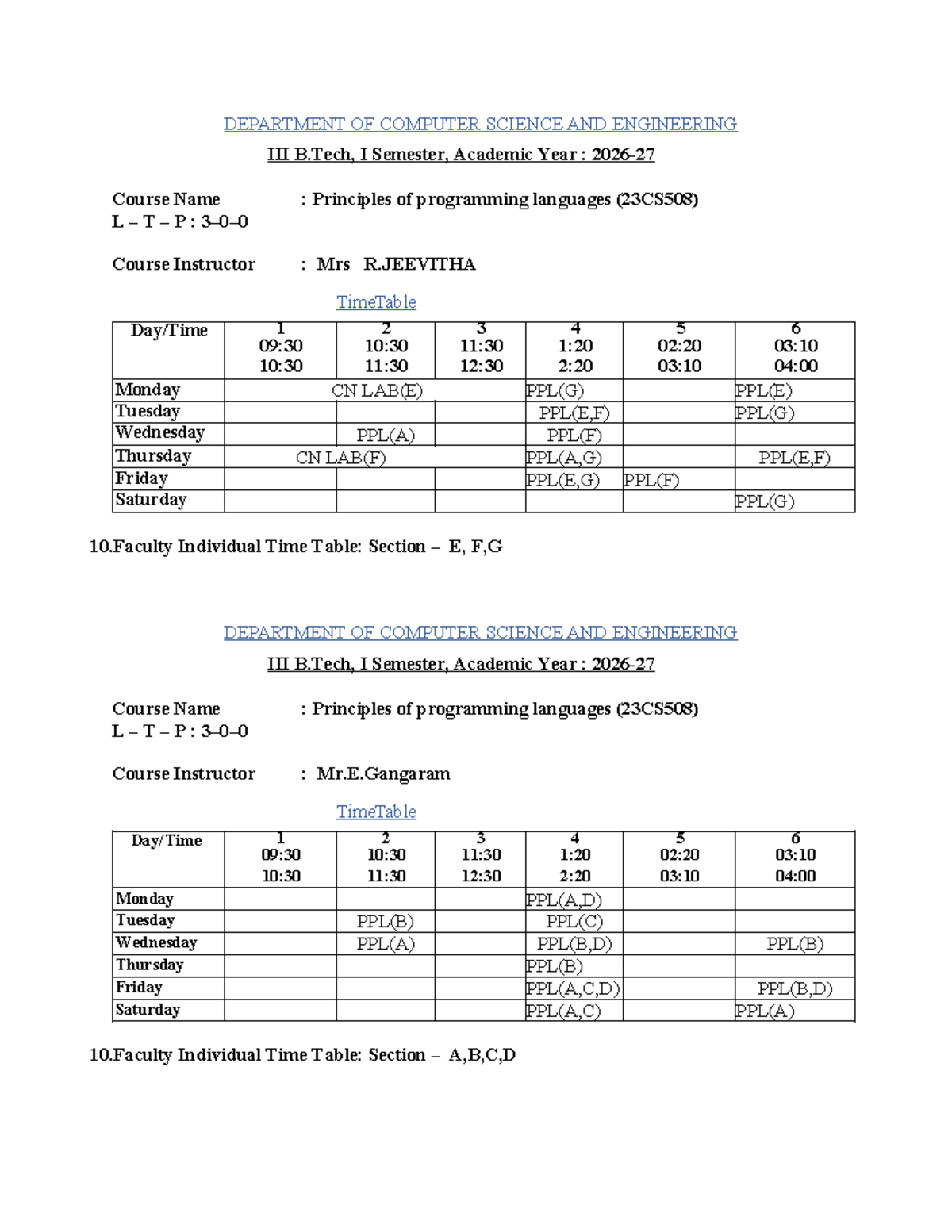 Individual Time Table for PPL (23CS508) - B.Tech I Semester - Studocu