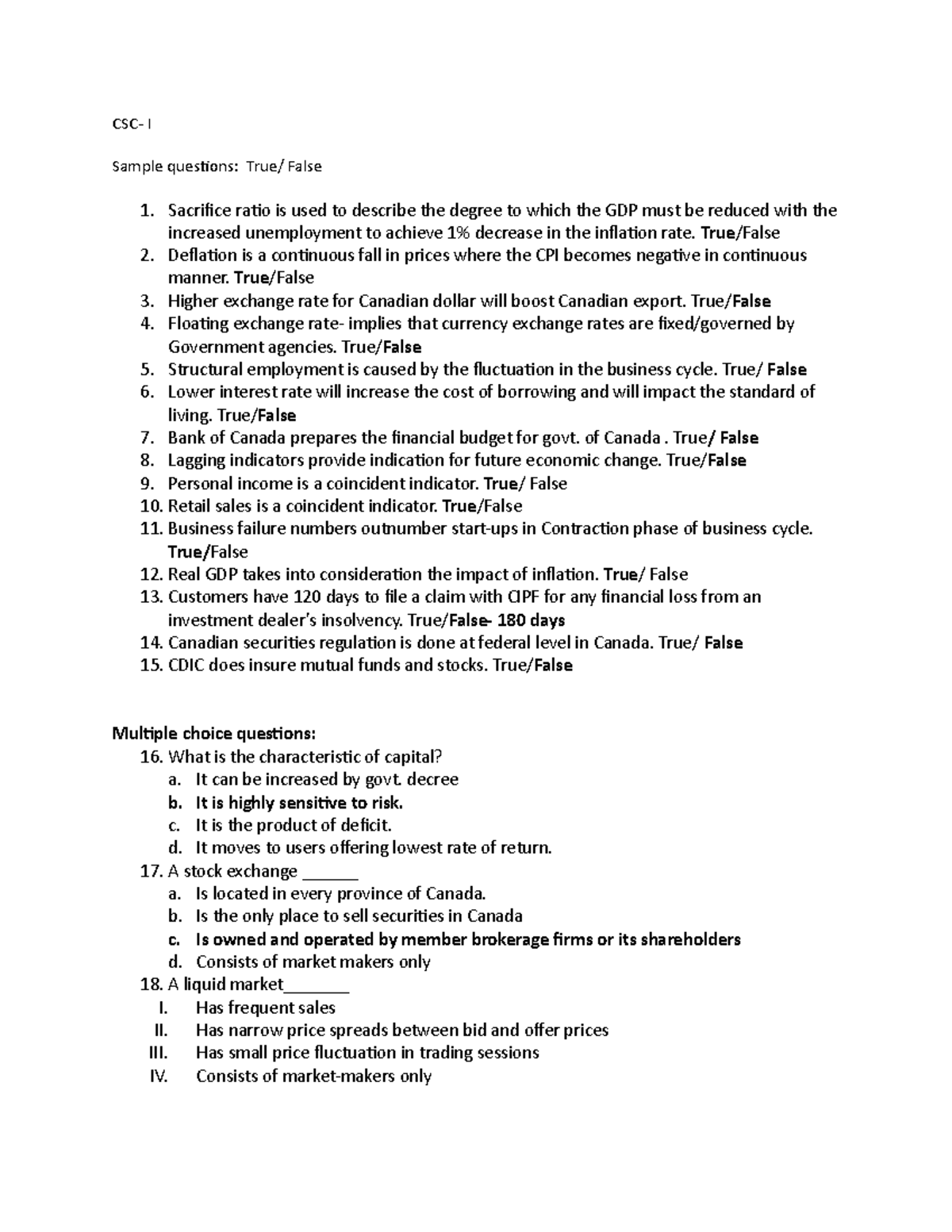 Sample Questions for CSC-1: True/False & Multiple Choice Exam Prep ...
