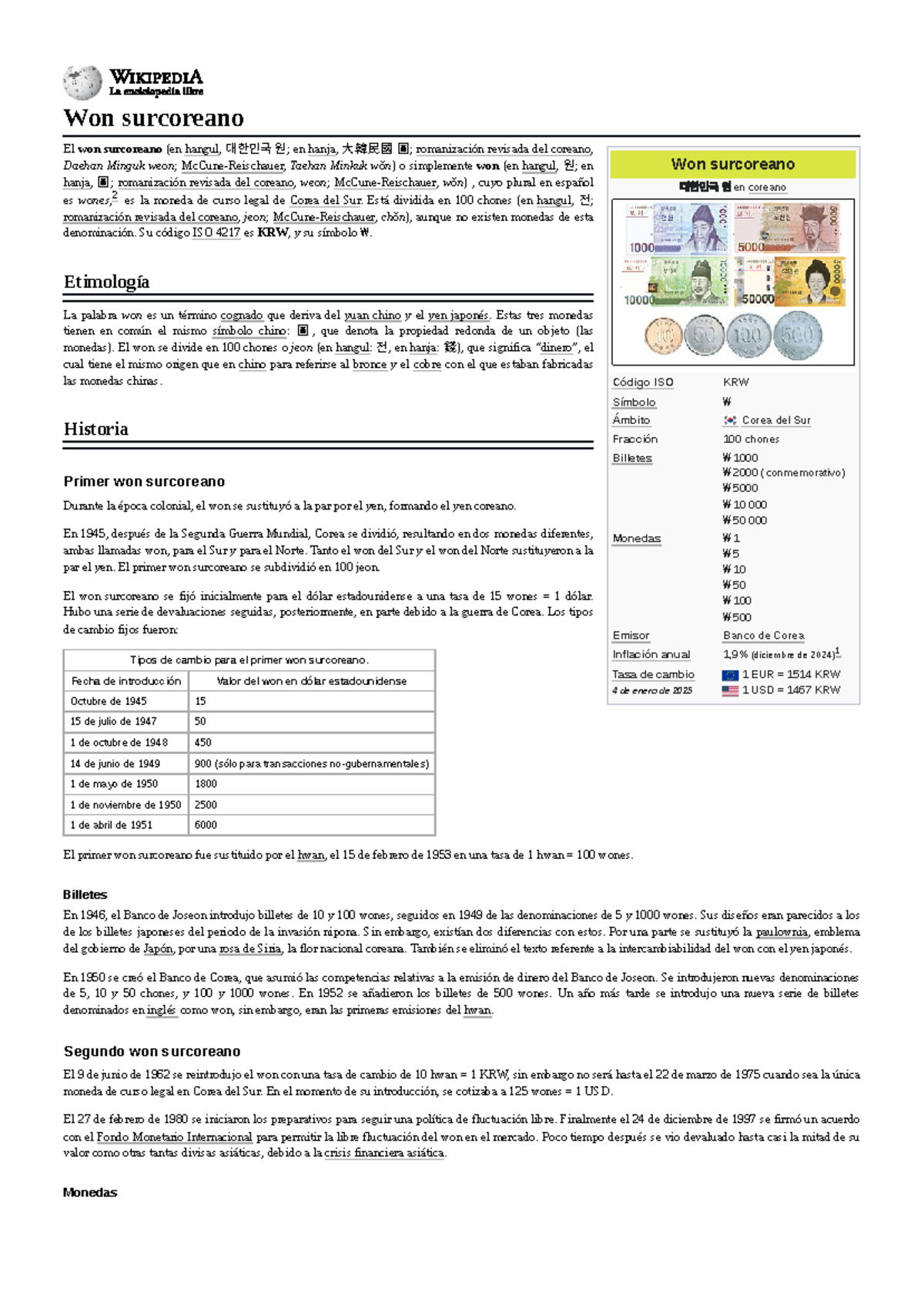 Historia del Won Surcoreano y su Evolución Económica (KRW) - Studocu