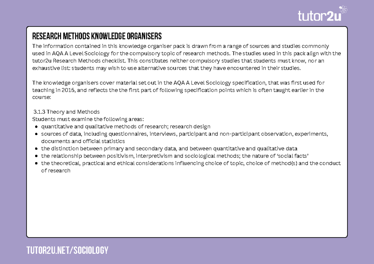 AQA A Level Sociology: Research Methods Knowledge Organiser Guide - Studocu