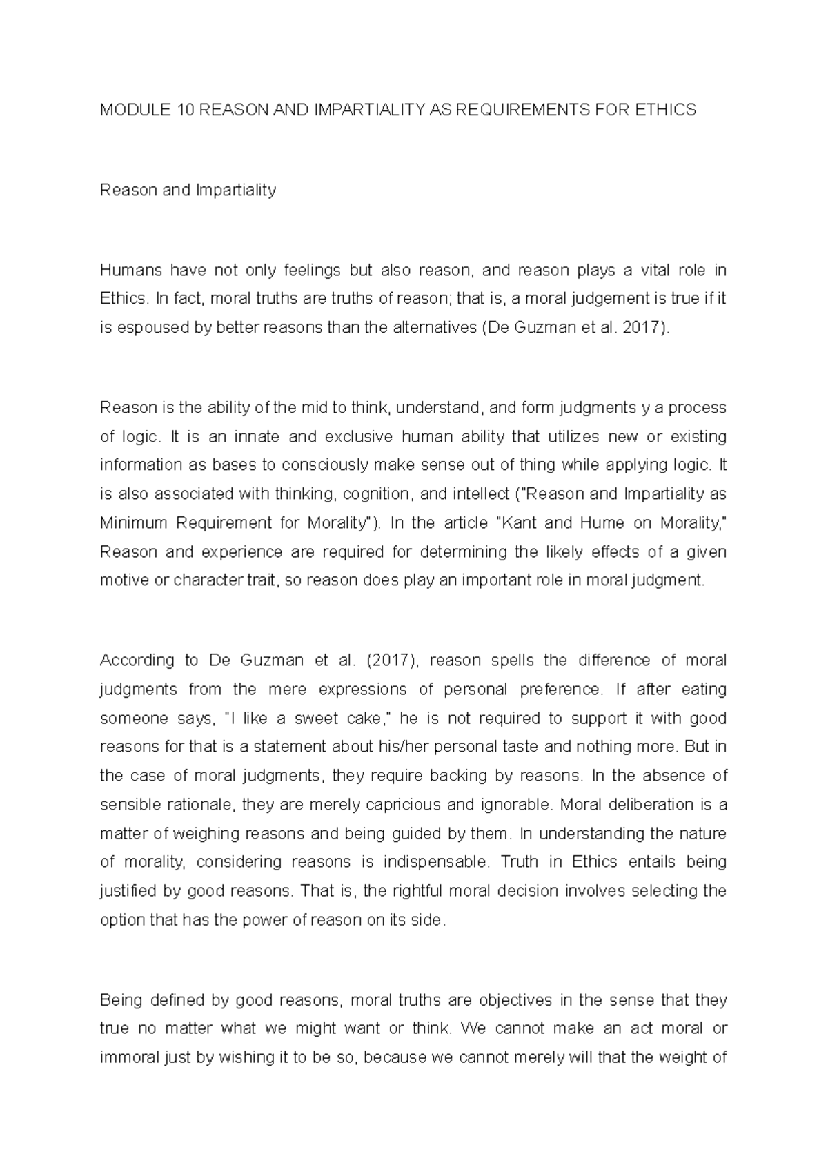 Module 10 Reason AND Impartiality AS Requirements FOR Ethics - MODULE ...