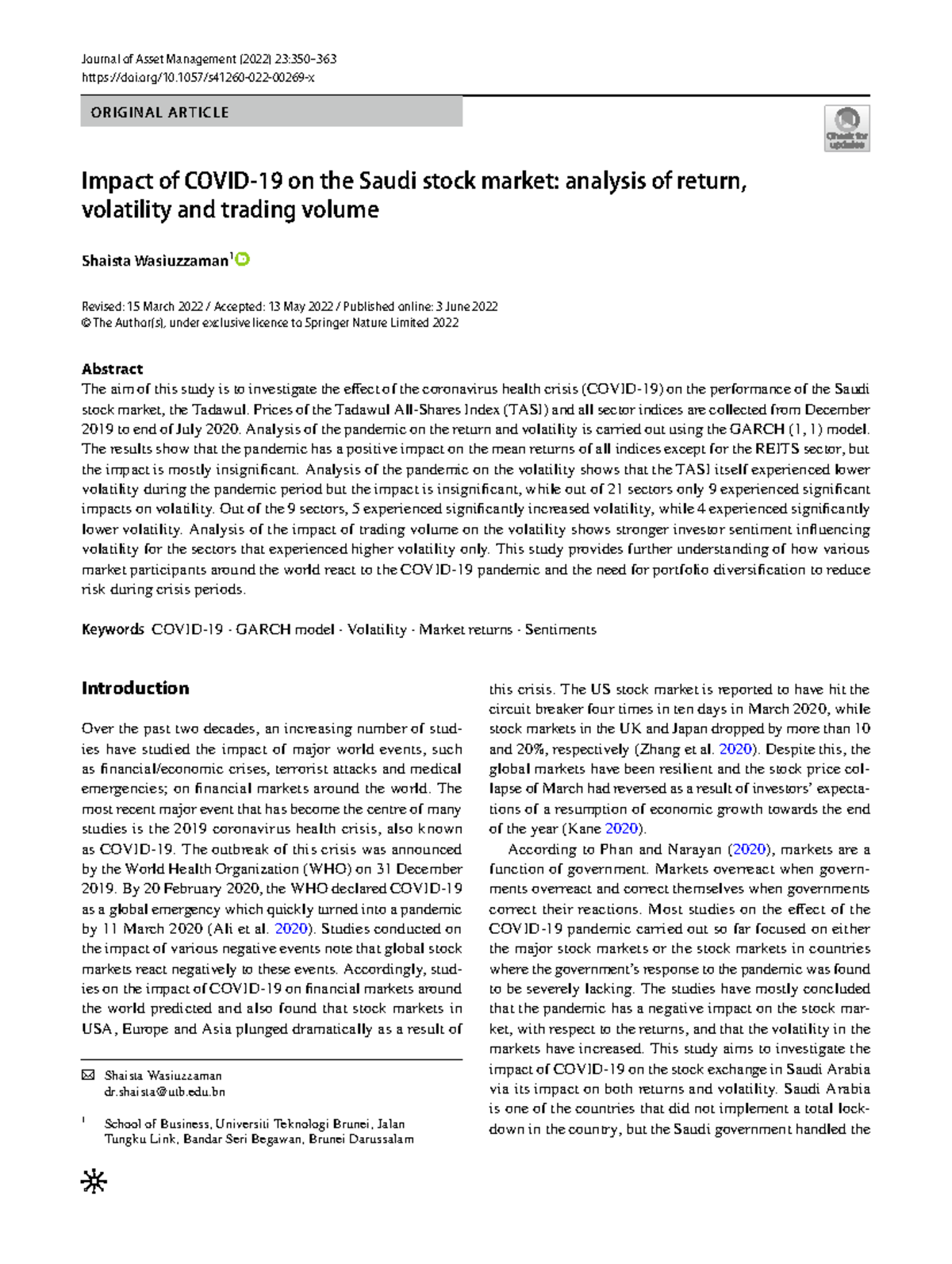 Impact of COVID-19 on Saudi Stock Market: Returns & Volatility Analysis ...