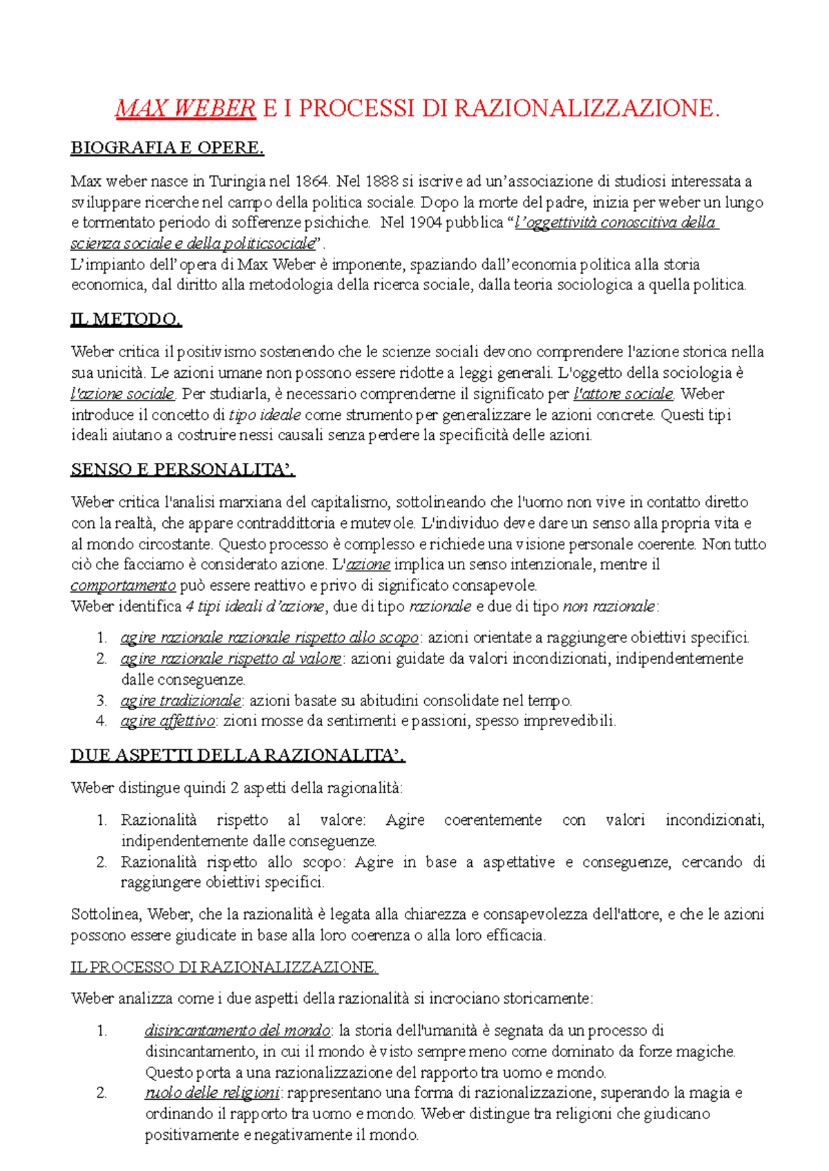 Max Weber: Biografia e Processi di Razionalizzazione - Studocu