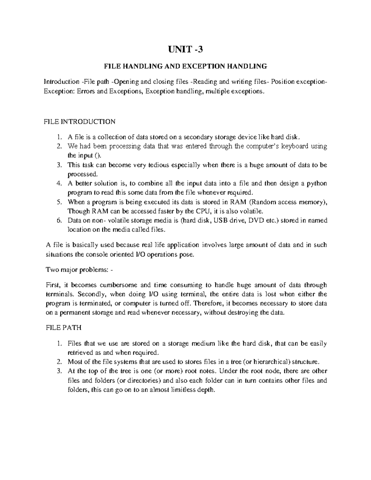 File Handling and Exception Handling - UNIT - 3 FILE HANDLING AND EXCEPTION HANDLING ...