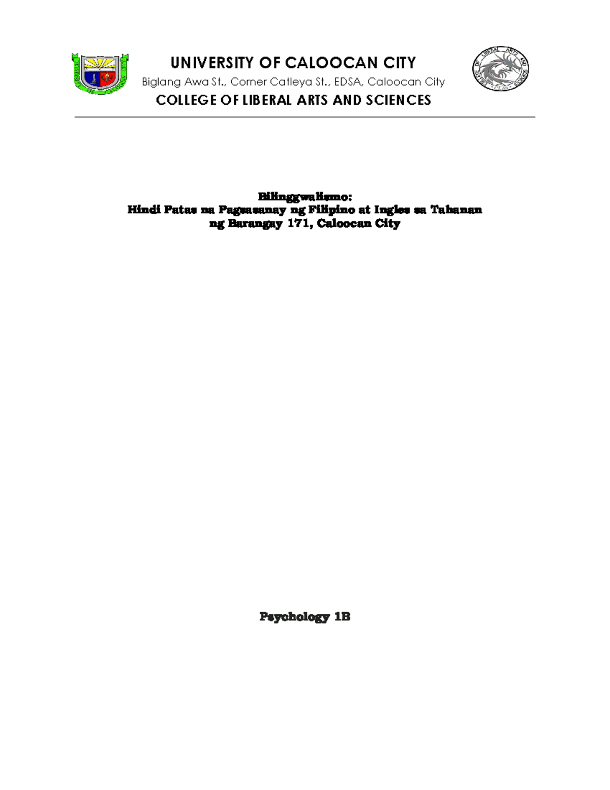 Filipino Thesis: Bilinggawalismo (Bilingualism) - Biglang Awa St ...