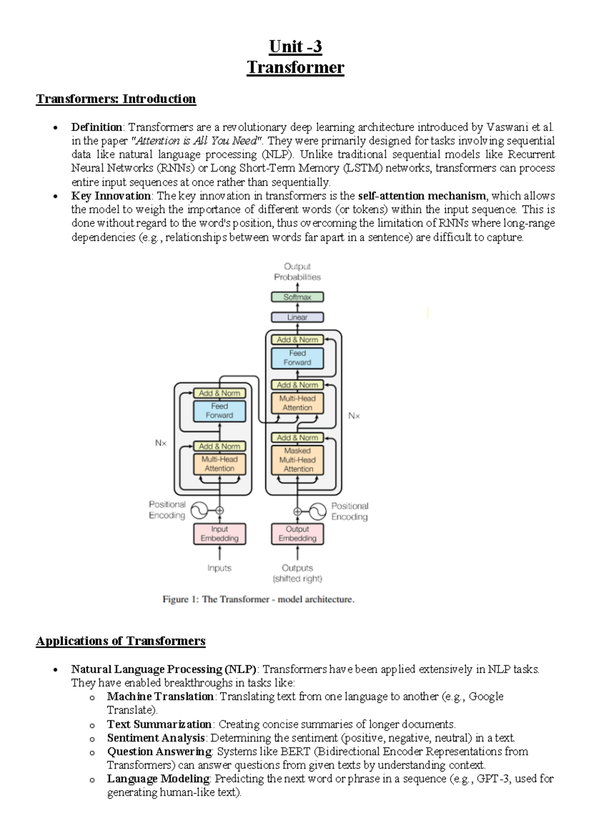 Unit 3 - generative ai content - Unit - 3 Transformer Transformers ...