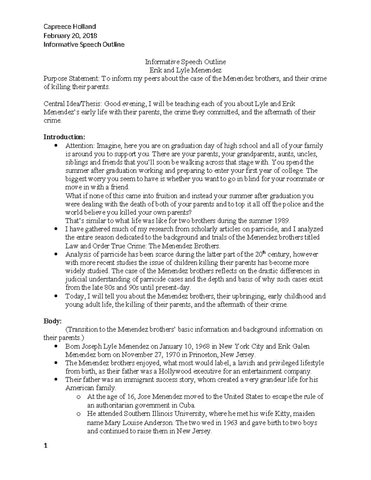 Informative Speech Outline: The Menendez Brothers Case Analysis - Studocu