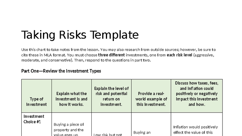 Investment Risk Analysis Template: Aggressive, Moderate, Conservative ...