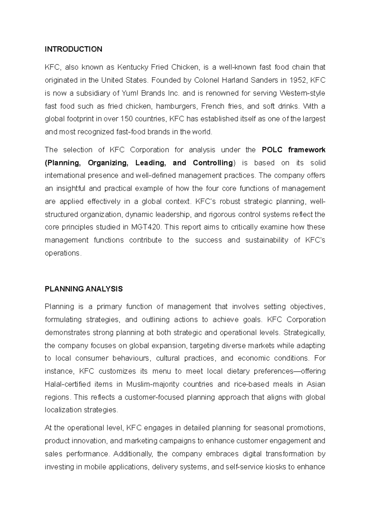 KFC POLC Analysis: Management Functions in MGT420 - Studocu