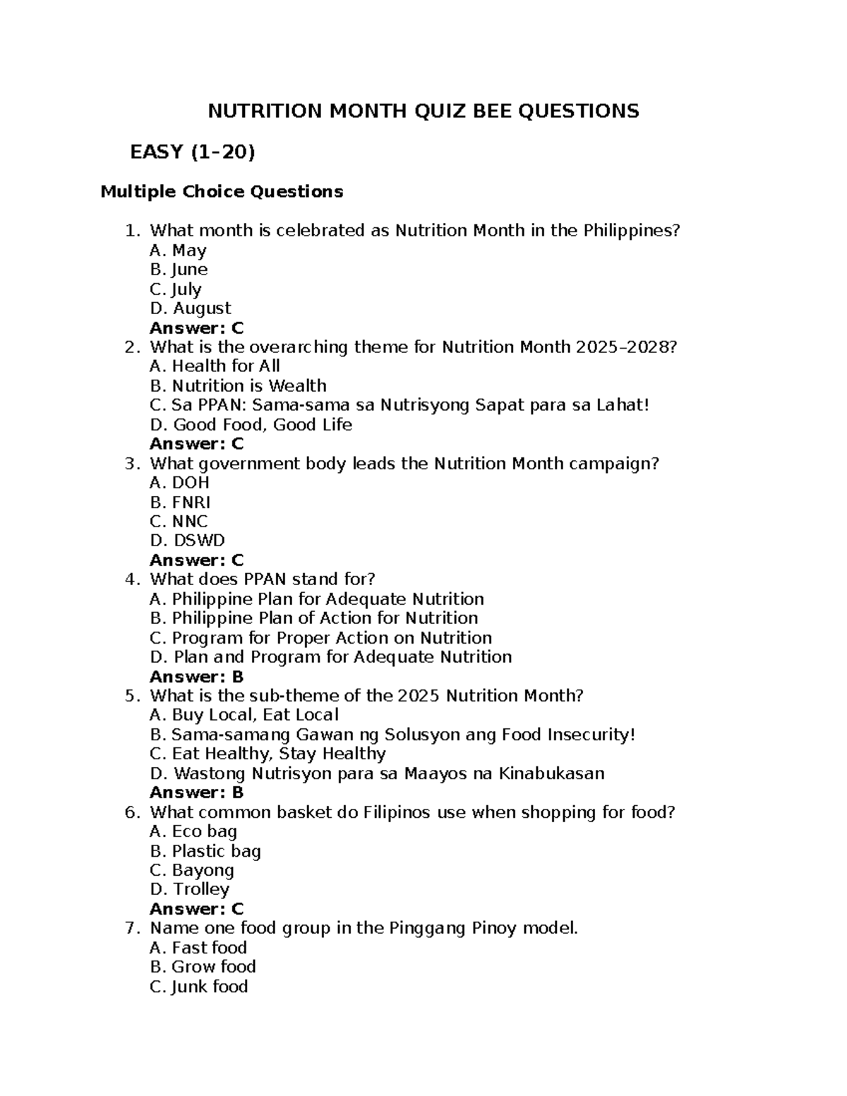 NUTRITION MONTH QUIZ BEE QUESTIONS - EASY MCQs - Studocu