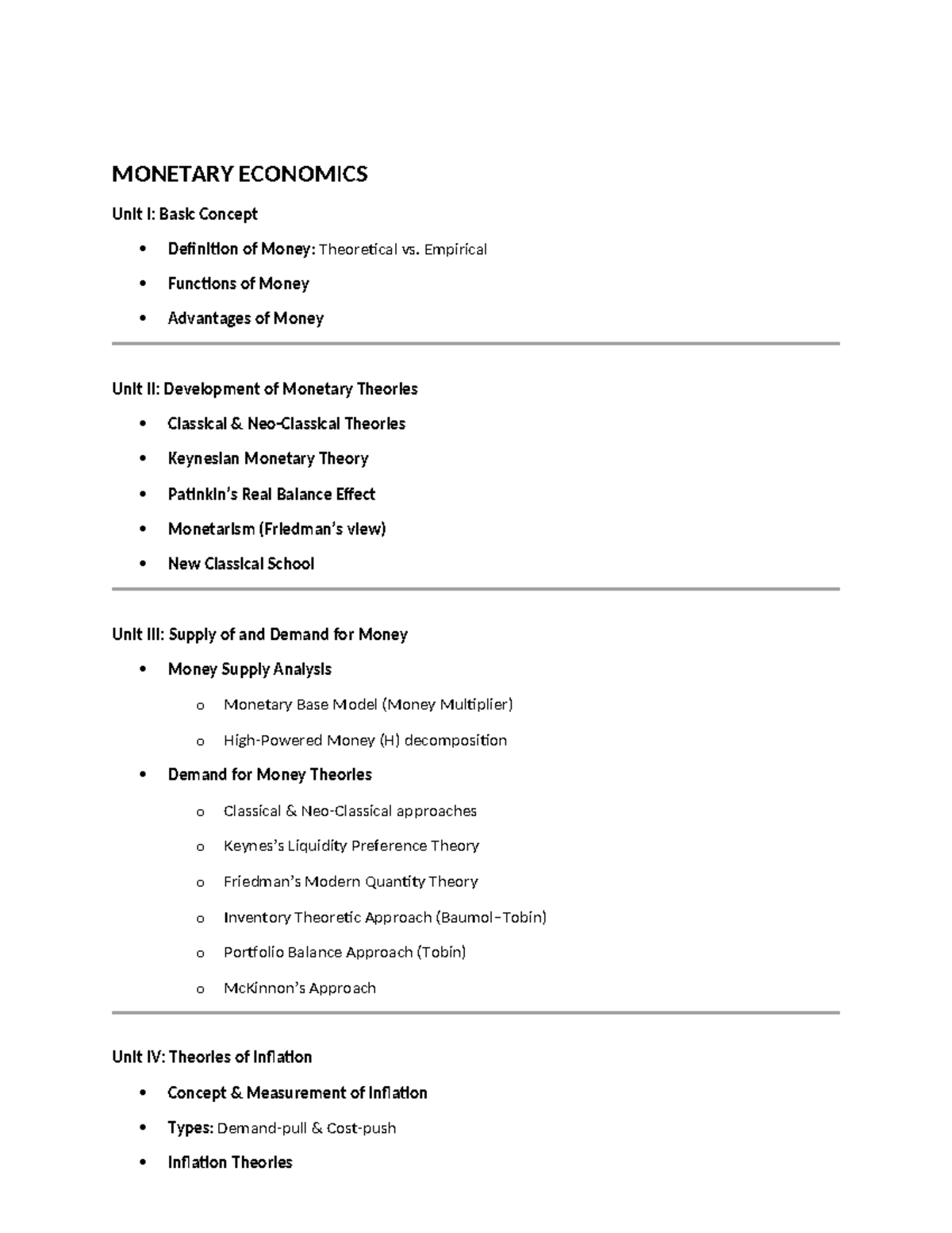 Monetary Economics (Course Code: ME101) - Comprehensive Study Notes ...