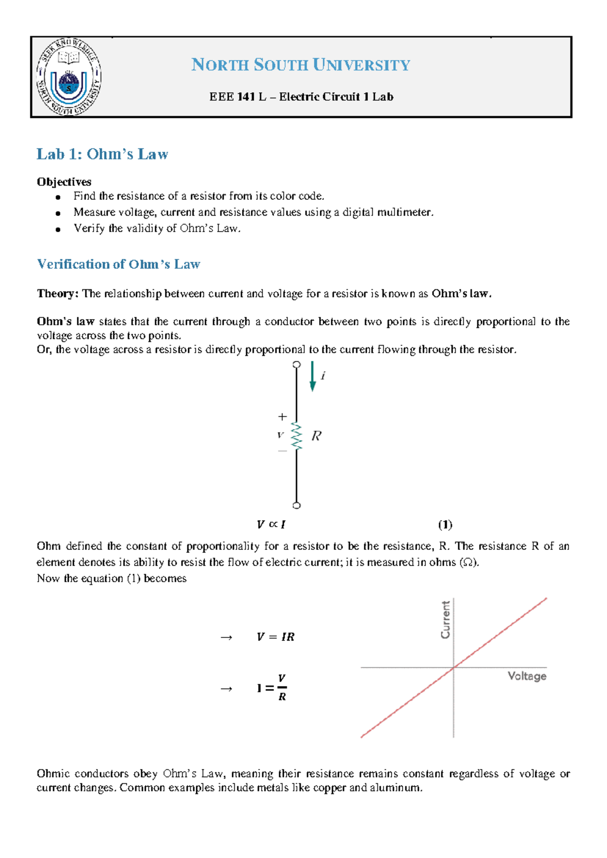 NORTH SOUTH UNIVERSITY 141 L Electric Circuit 1 Lab 1: Ohm's Law ...