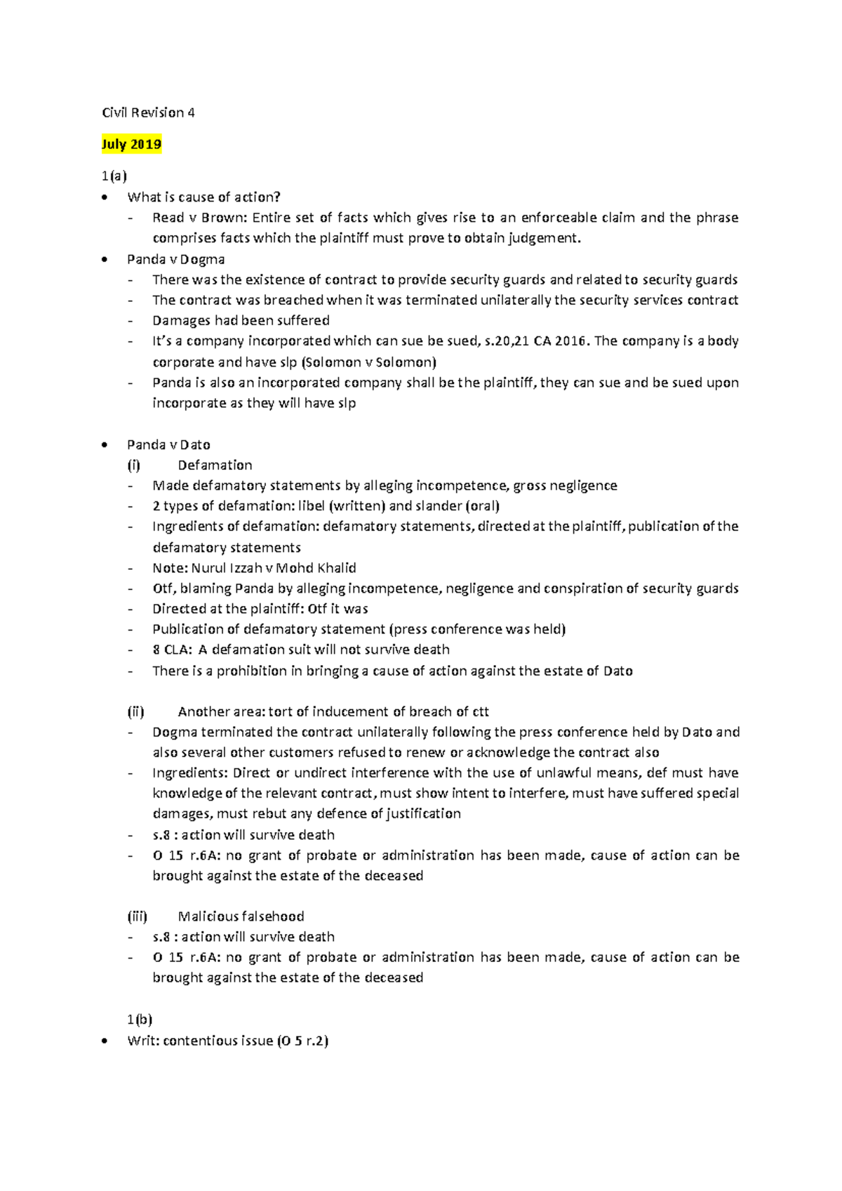 Civil Revision 4 - CLP Past Exam Sample Answers and Key Legal Concepts ...