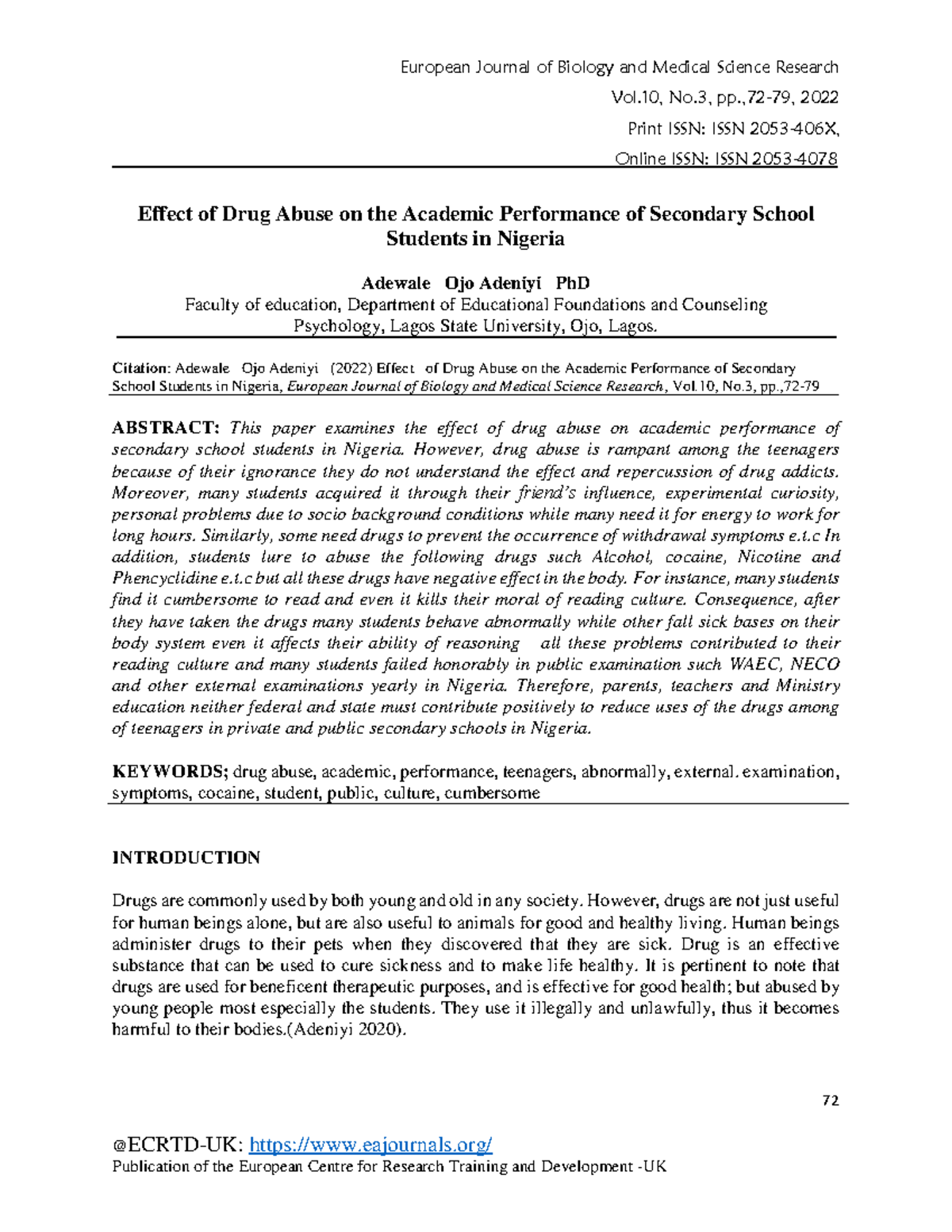 Effect of Drug Abuse on Academic Performance of Secondary Students in ...