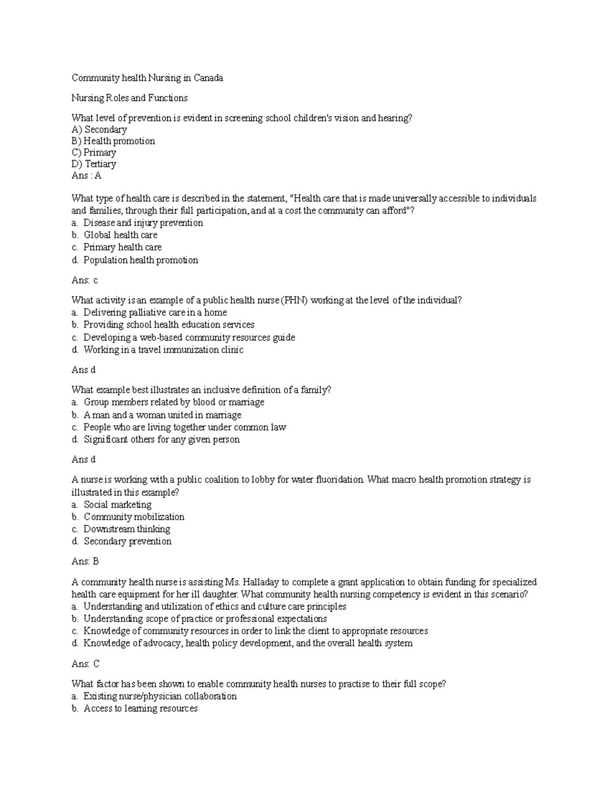 Community health Nursing Quiz Prep - ch 3 - SPPH 545 - UBC - Studocu