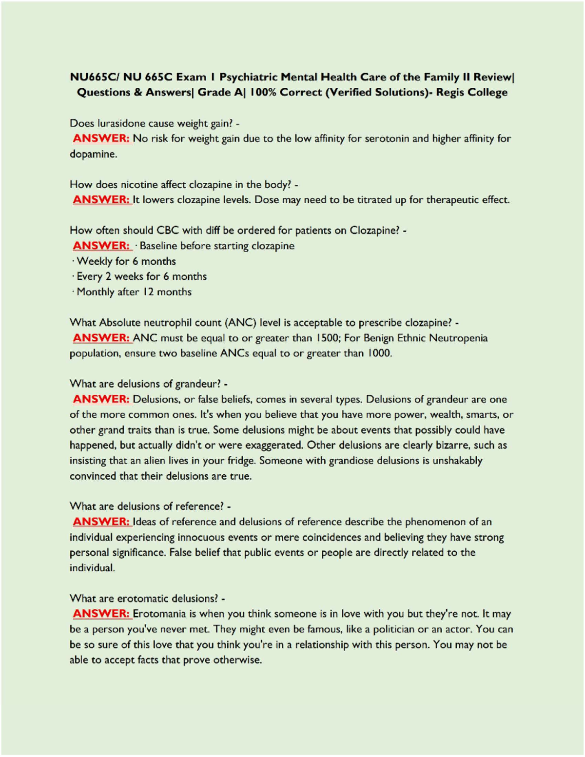 NU 665C Exam I Study Guide: Psychiatric Mental Health Care Insights ...