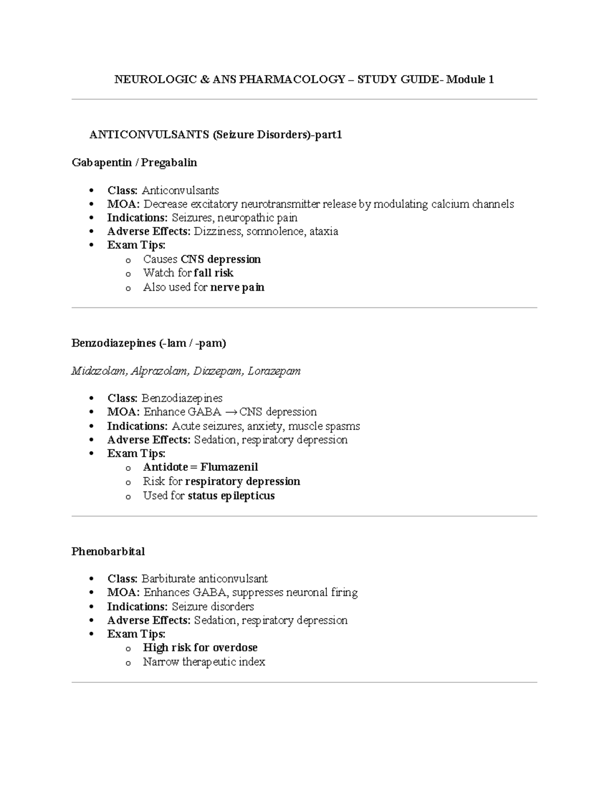 Pharm Exam 1 Study Guide: Neurologic & Shock Pharmacology - Studocu