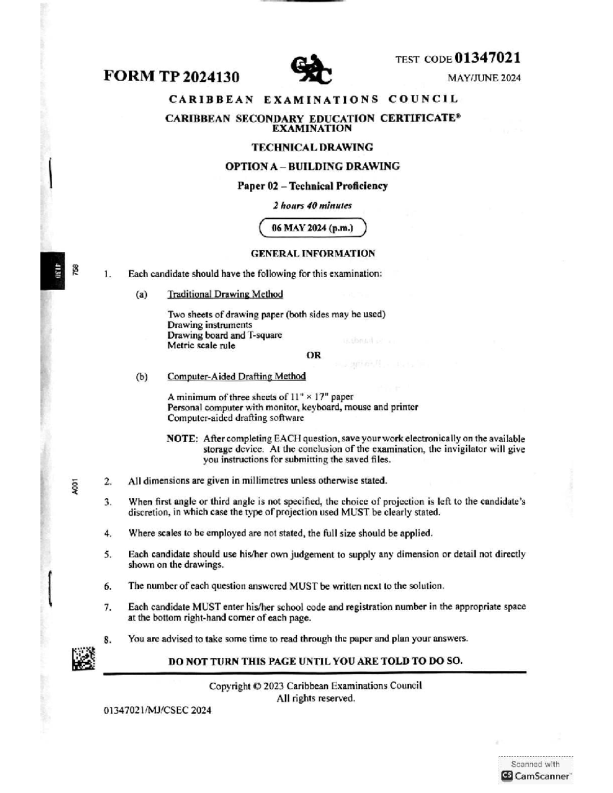 P2 2024 - June Technical Drawing Exam Paper for CSEC Option A - Studocu