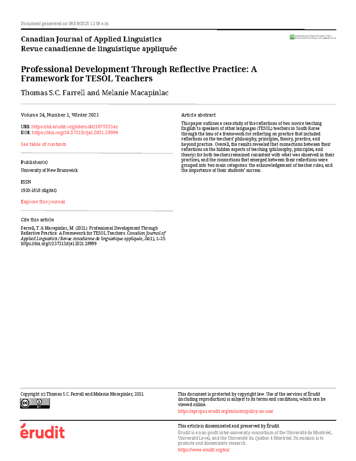 Professional Development in TESOL: Reflective Practice Framework (CJAL ...