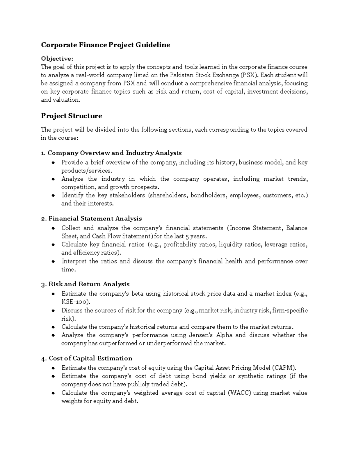 Corporate Finance Project Guidelines (FIN 301) for PSX Analysis - Studocu