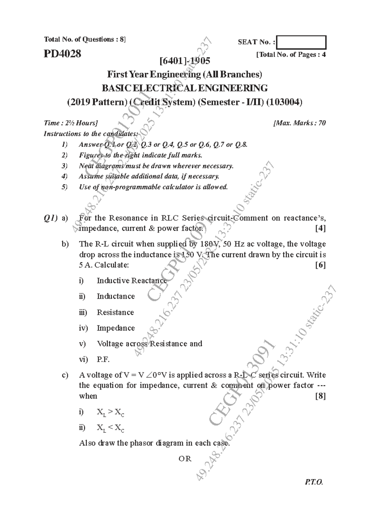 Final Exam PD4028: Basic Electrical Engineering Questions (May/Jun 2025 ...