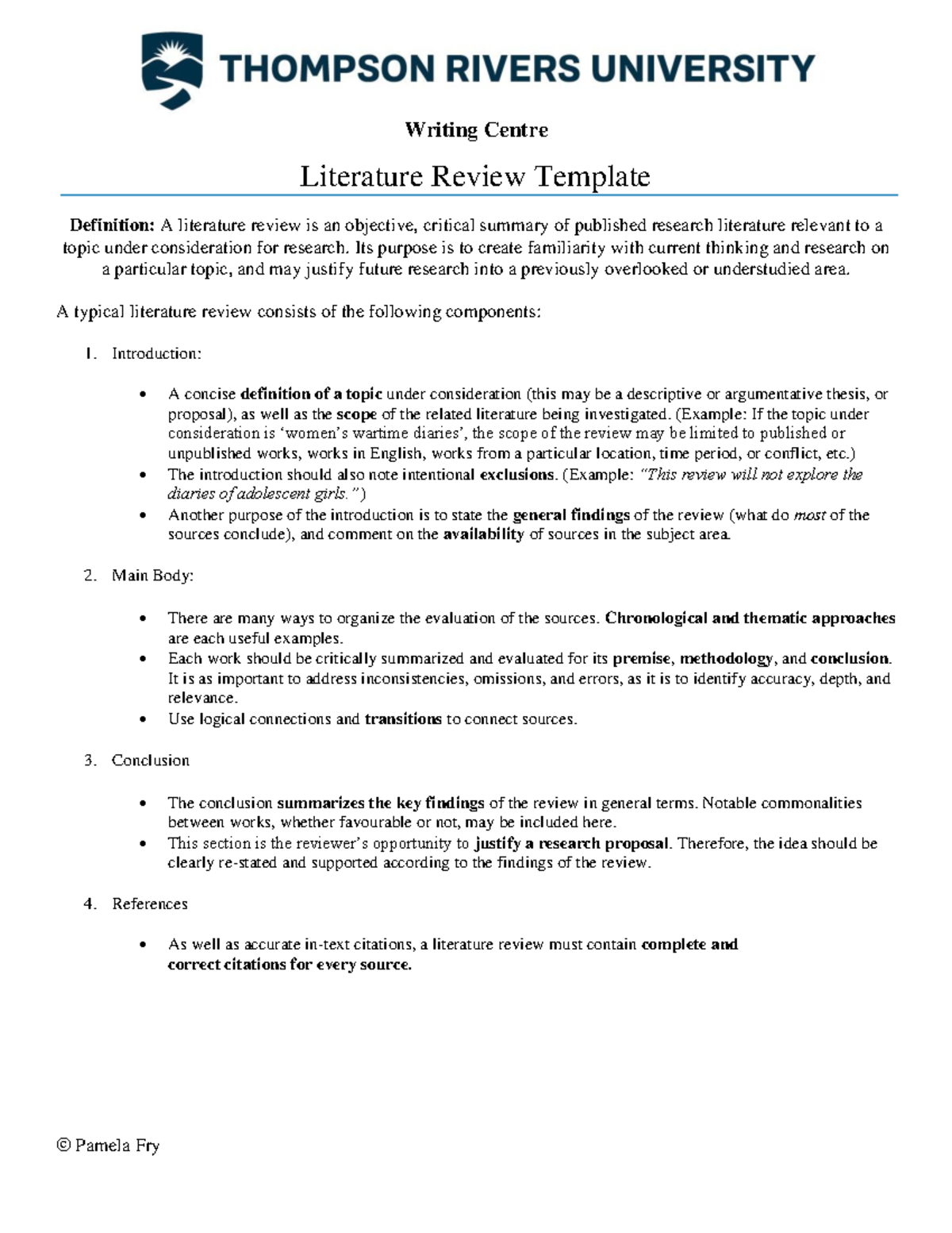 Literature Review Template 30564 - © Pamela Fry Writing Centre ...