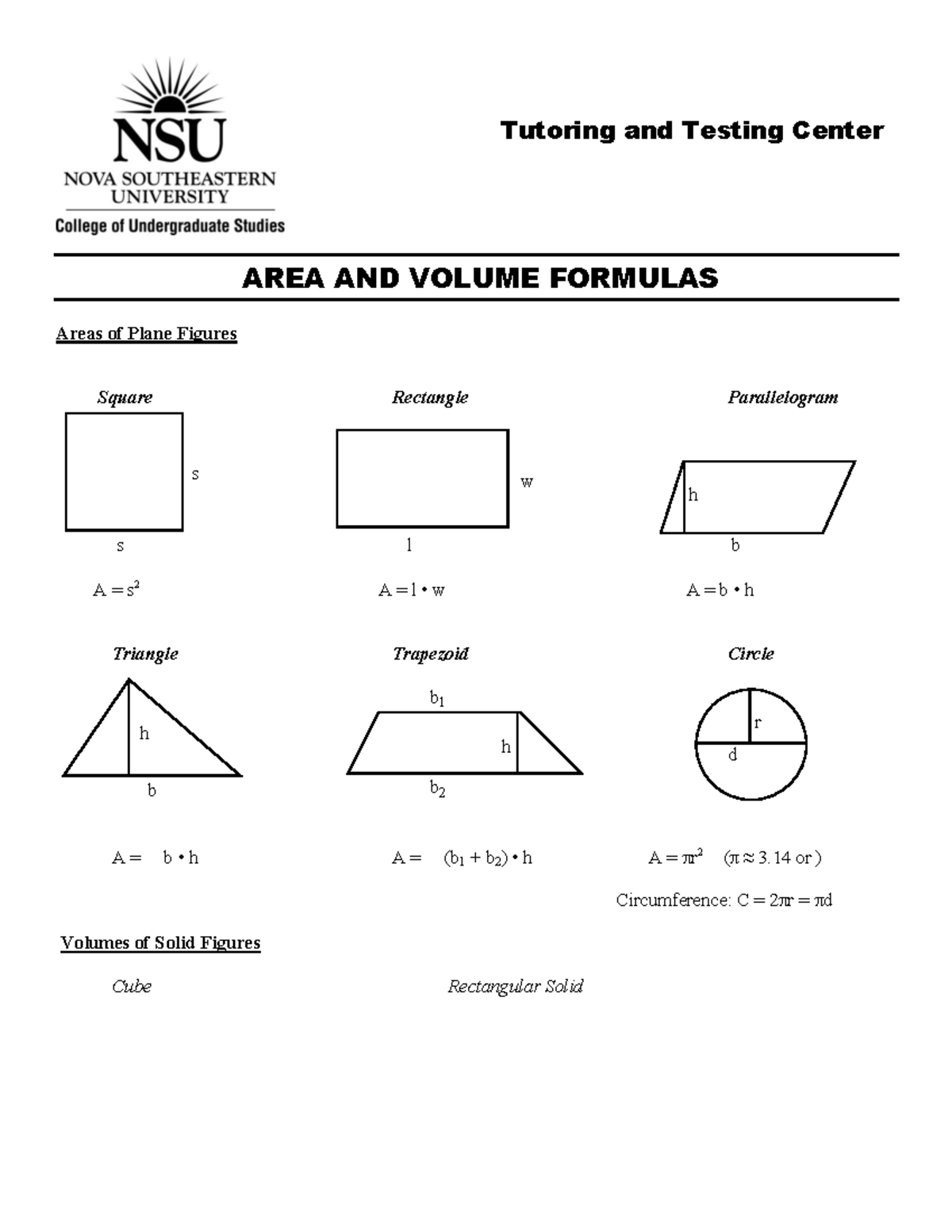 Area-and-volume-formulas - AREA AND VOLUME FORMULAS Areas of Plane ...