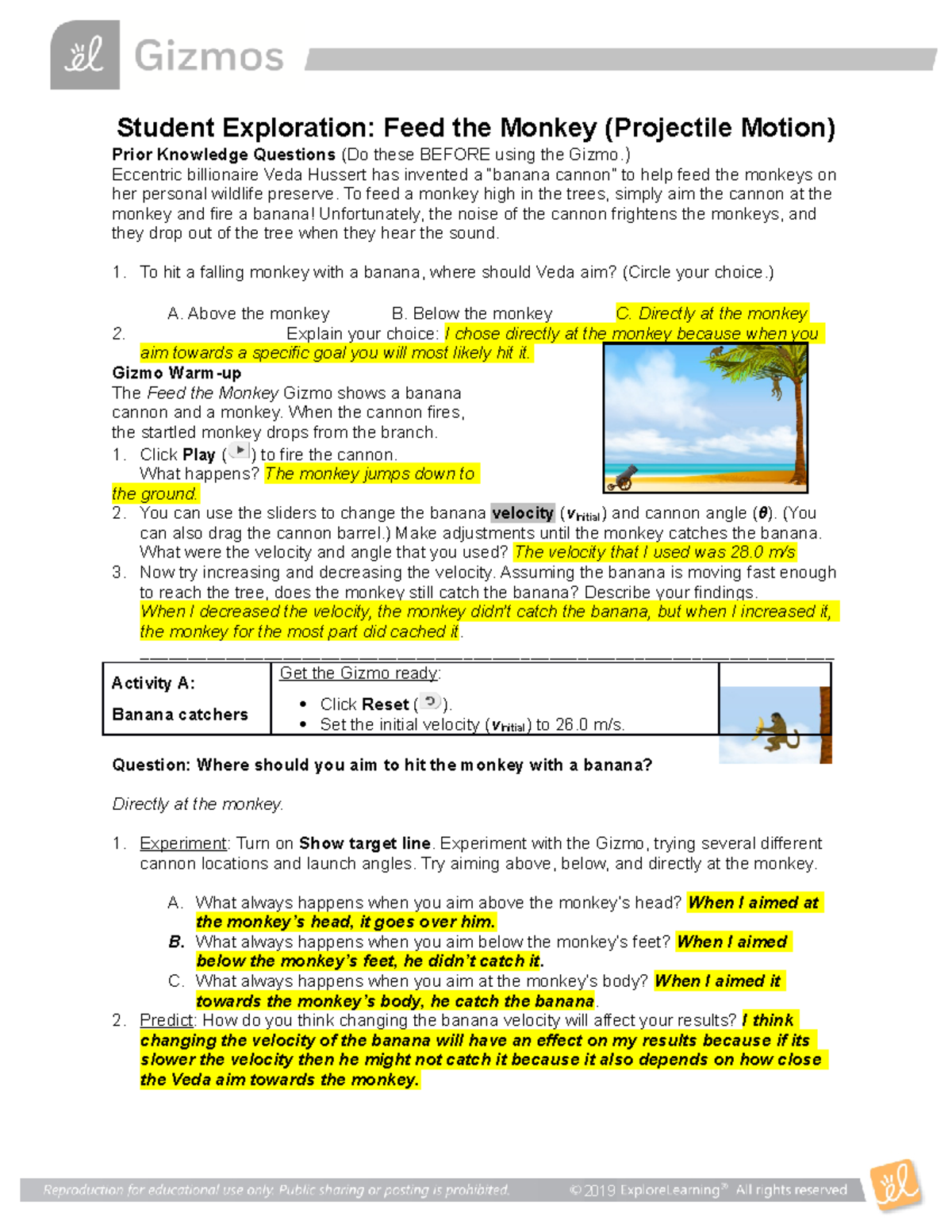 Feed Monkey projectile gizmo - 2019 Student Exploration: Feed the Monkey (Projectile Motion ...