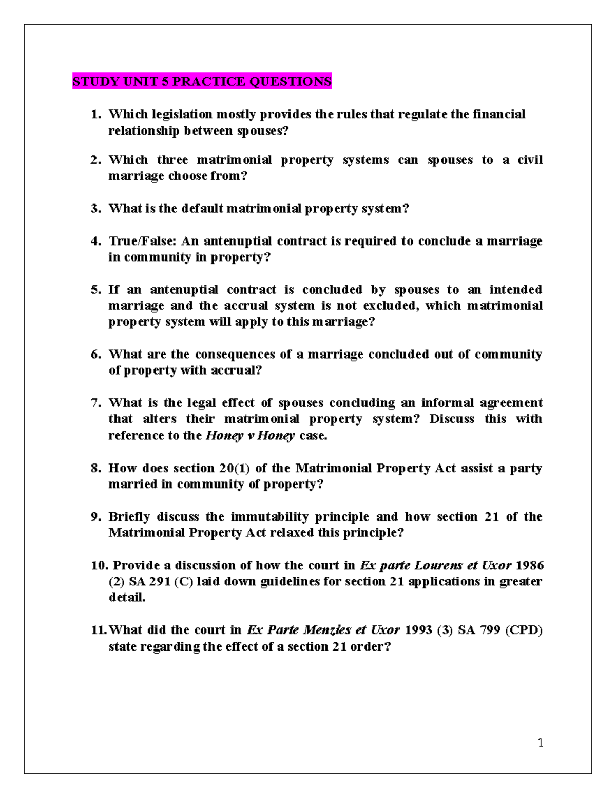MATRIMONIAL PROPERTY LAW UNIT 5 PRACTICE QUESTIONS - Studocu