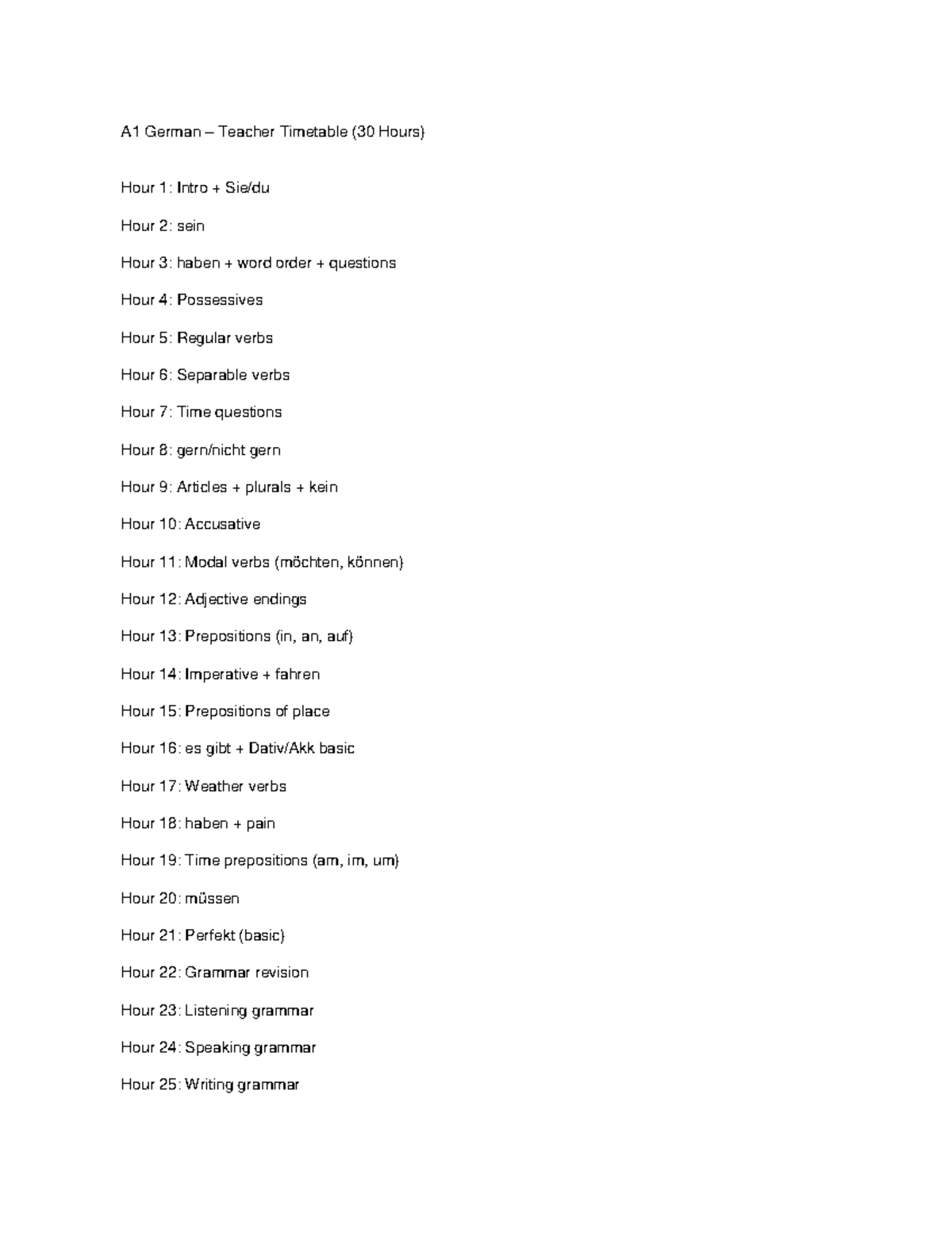 A1 German Teacher Timetable (30 Hours) - Lesson Breakdown - Studocu