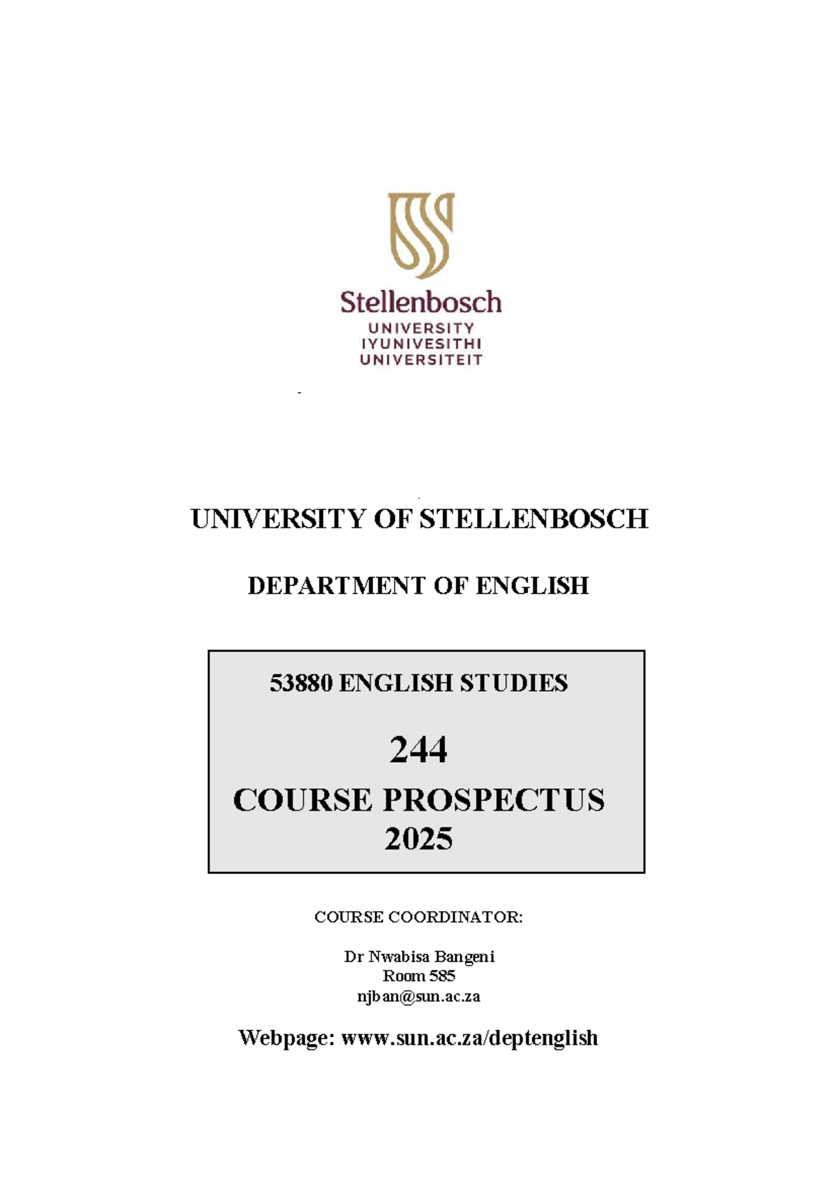ENG 244 English Studies Course Prospectus 2025 - Studocu