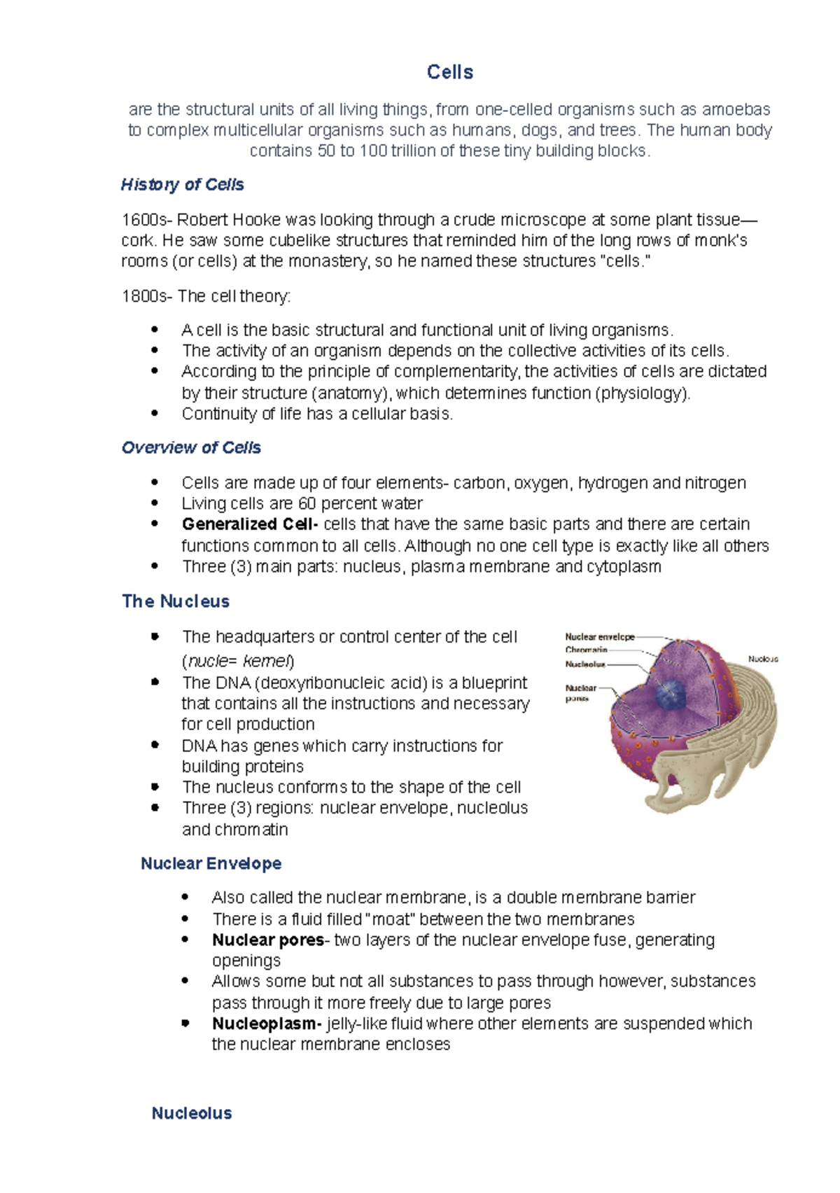 Anaphy-Notes-Cells - Comprehensive Lecture Notes on Cell Structure and ...
